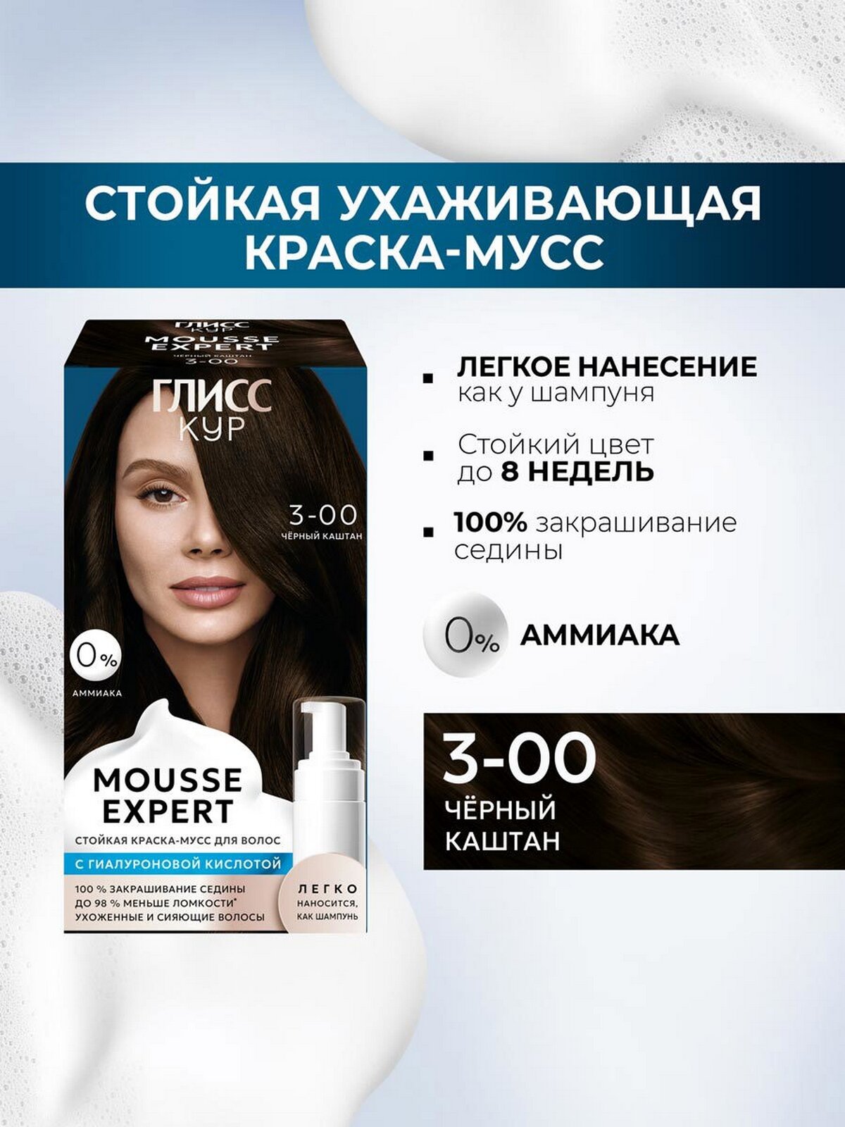 Краска-мусс для волос Глисс Кур Mousse Expert, тон: черный каштан 3-00, 85мл