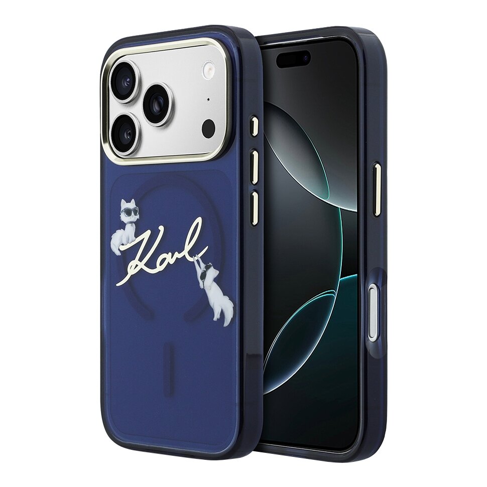 Karl Lagerfeld чехол с MagSafe для iPhone 17 Pro Max, IML NFT Choupettes Script logo Metal Camera, синий