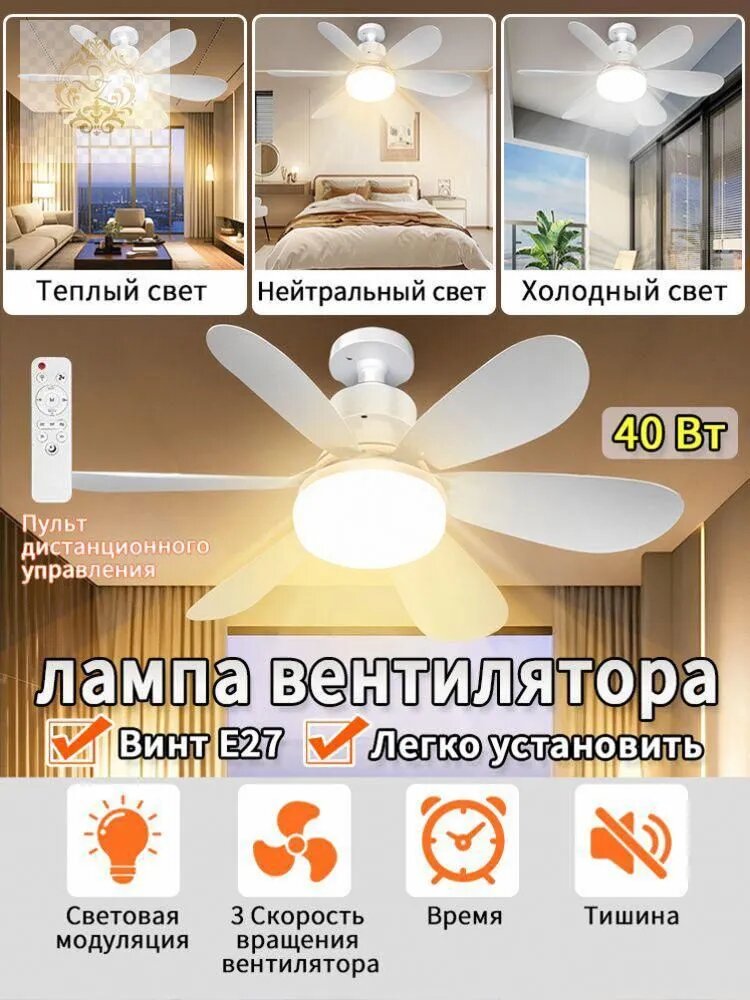 Потолочный вентилятор D-01-4W белый с пультом ДУ и таймером, 40 Вт