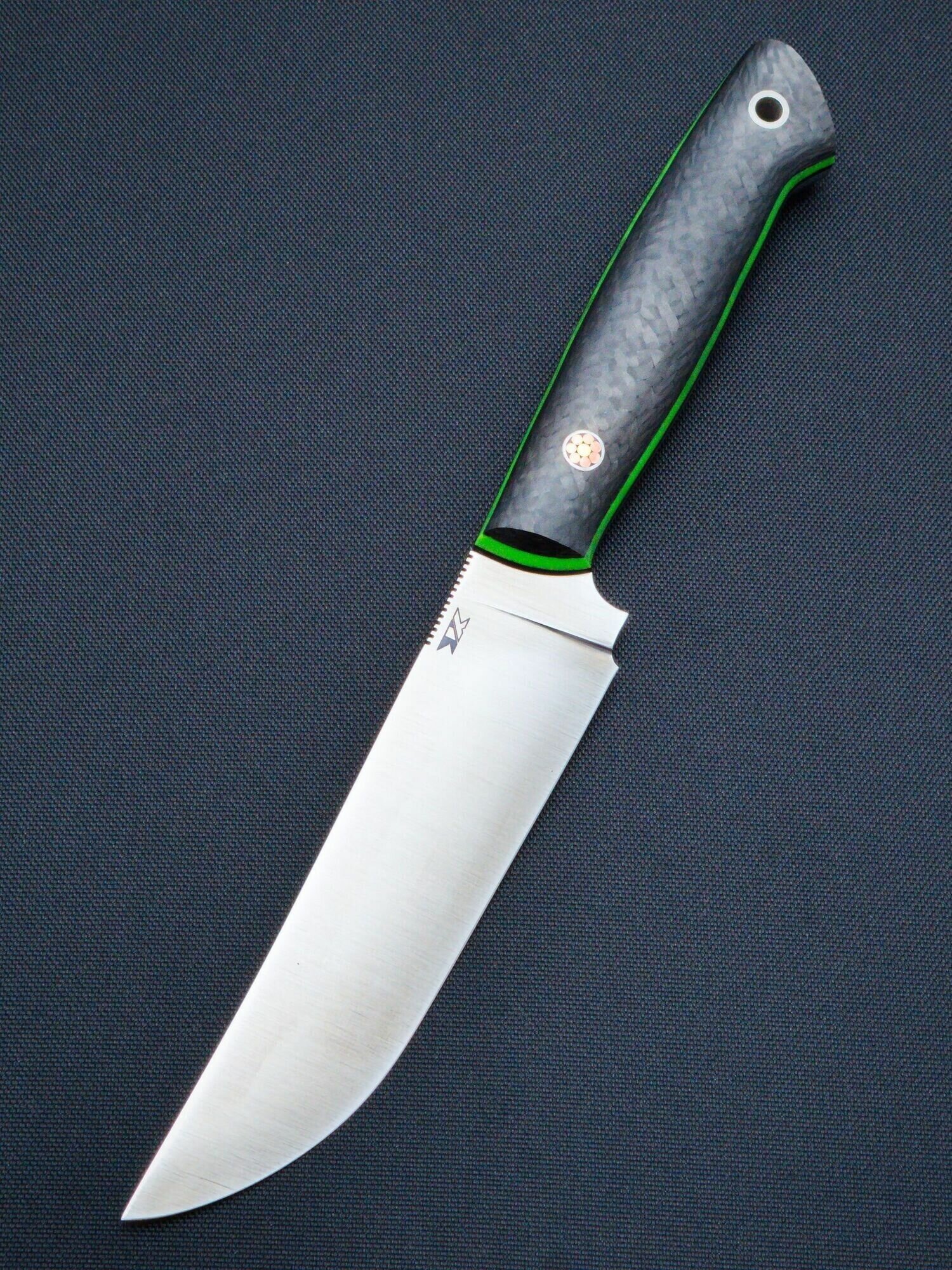 Нож кухонный Техно Пчак, AUS-10 Cryo, Линза, Сатин, Carbon+G10 Черный-Зеленый, Цельнометаллический (Full-tang), 7 Ножей (Seven Knives)