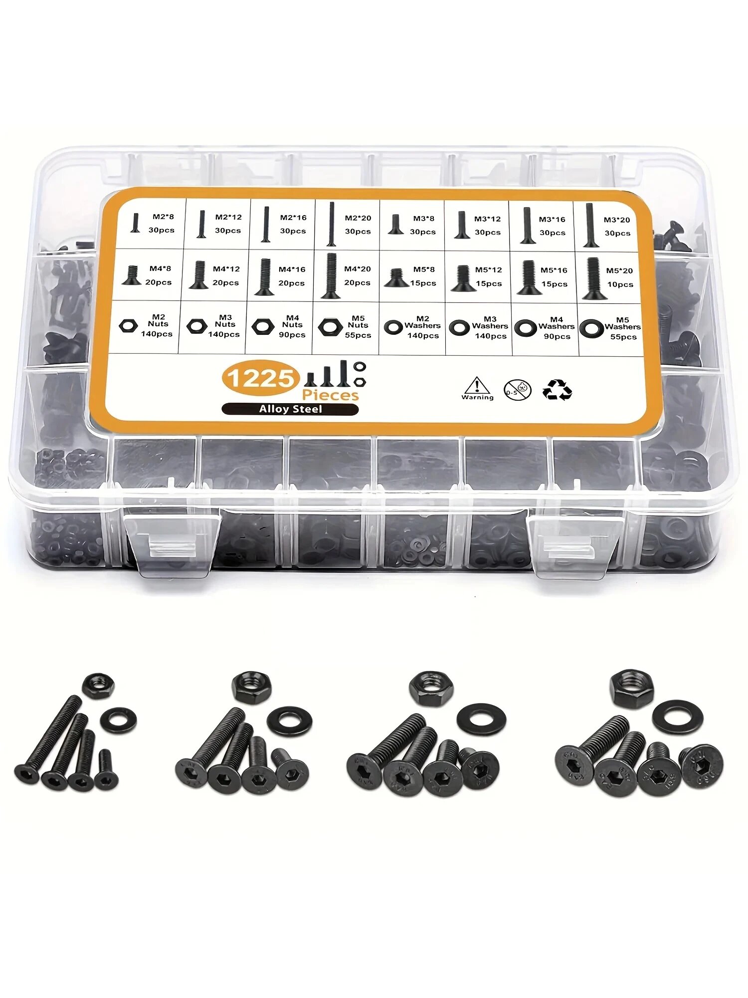 1225 шт. метрические M2 M3 M4 M5 винты с плоской шестигранной головкой и головкой под торцевой ключ, черные маленькие болты из легированной стали, гайки, шайбы, ассортиментный комплект