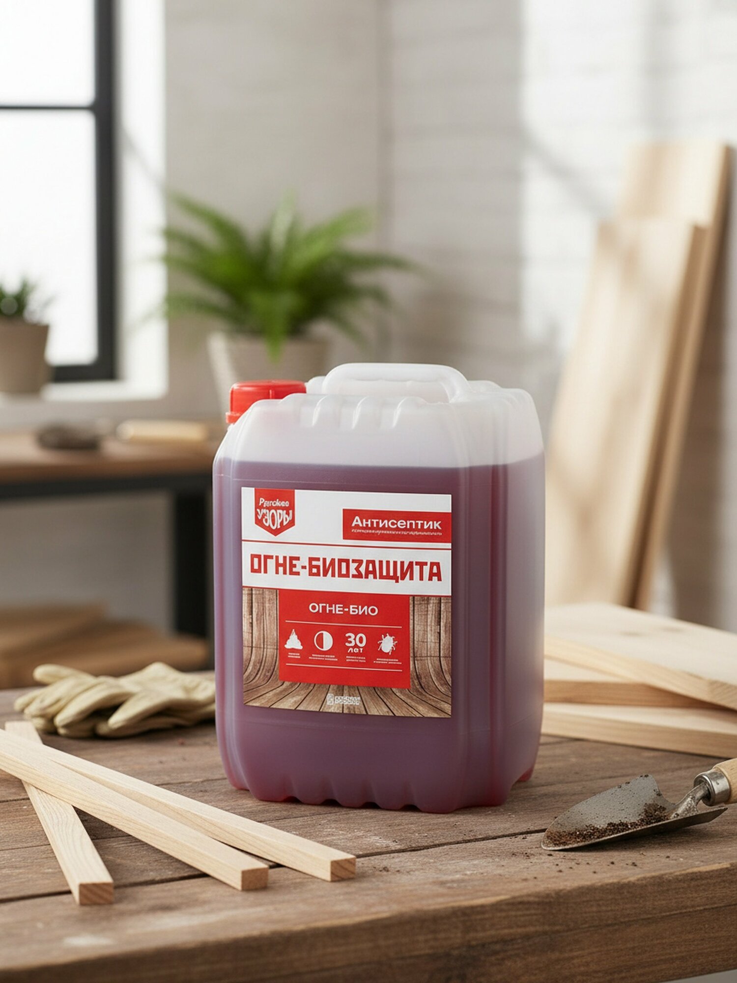 Антисептик для дерева Русские узоры ОгнеБио 5 л, огнебиозащита, без запаха, бесцветный, для внутренних и наружных работ