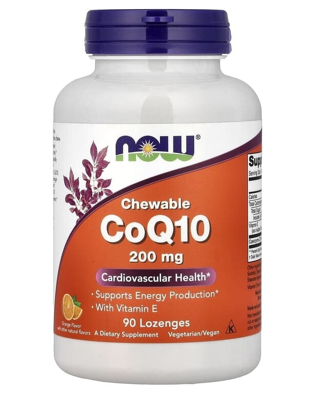 NOW Foods CoQ10 200 мг and Vitamin E, Коэнзим Q10 с витамином E, вкус апельсин 90 пластинок