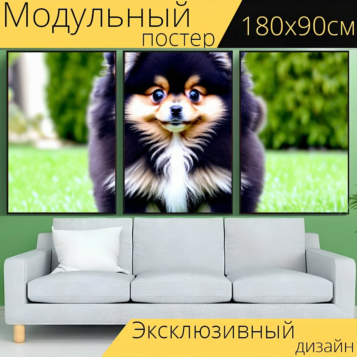 Модульный постер "Щенок померанского шпица, черный с белым и коричневым, пушистый, с большими глазами и торчащими ушами, стоит на." 180 x 90 см. для интерьера на стену в тубусе
