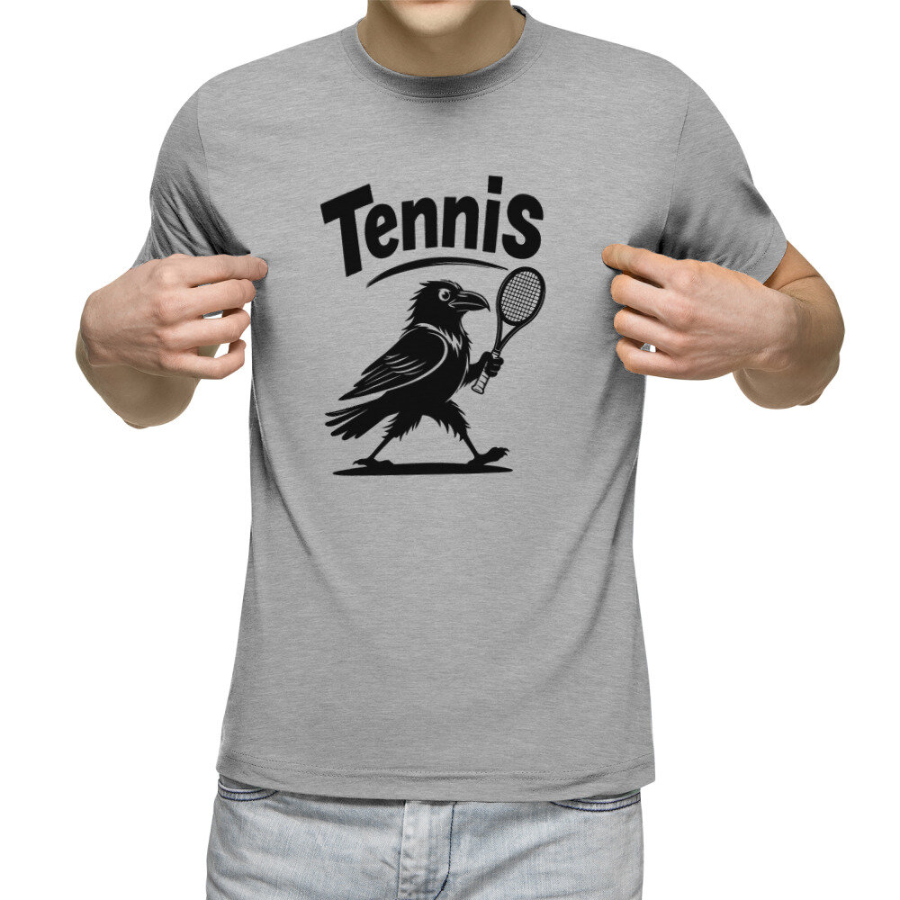 Мужская футболка «Ворон с ракеткой Tennis» (серый меланж, L)
