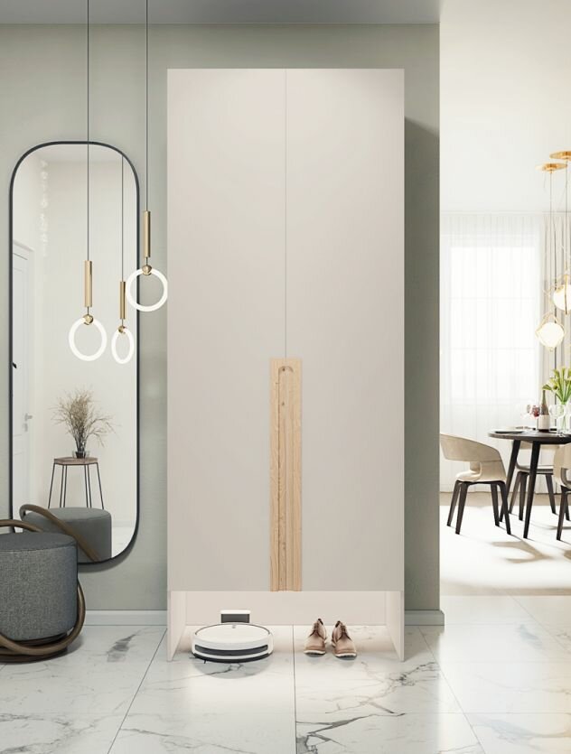 Casa Mia 90x60x260 см. Дизайнерский шкаф в прихожую распашной парящий, 2-дверный, кашемир, ручка из массива дуба