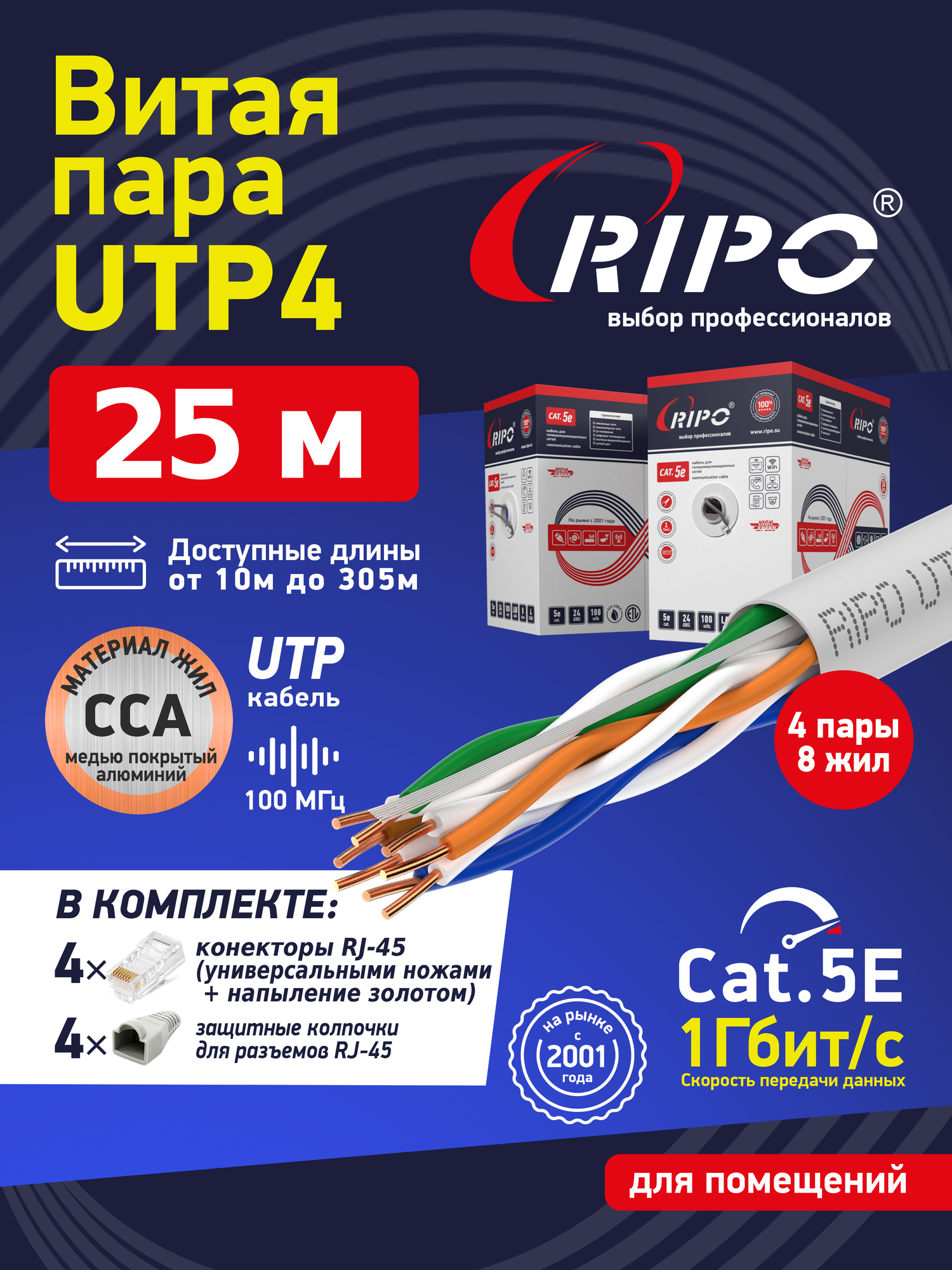 Интернет кабель витая пара LAN UTP4 CAT5E 24AWG, омедненный алюминий, 25 м