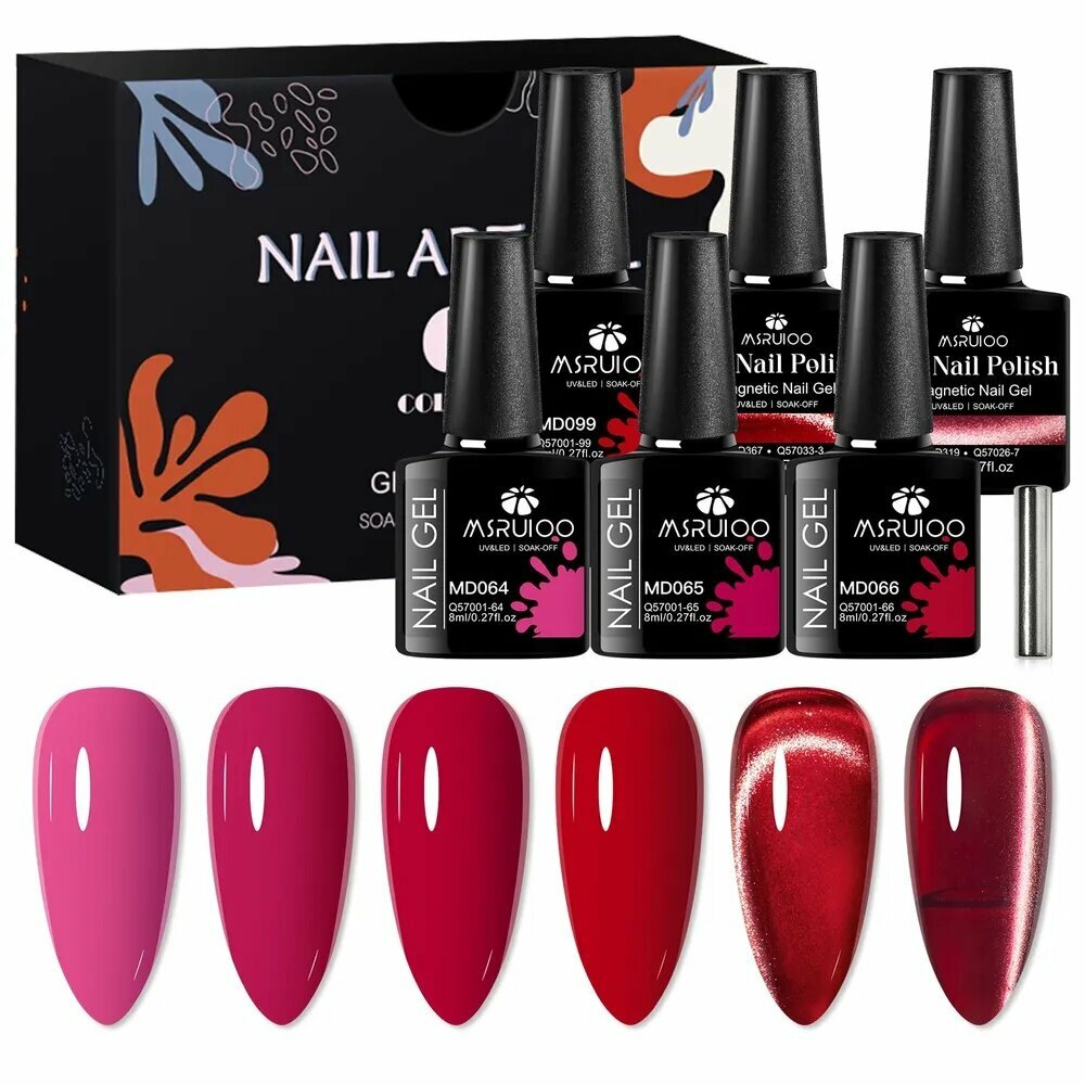 Набор 7 шт. магнитного гель-лака "Кошачий глаз" + цветных гель-лаков: Серия красный, Магнит в подарок, полупостоянный, для арт-маникюра UV/LED