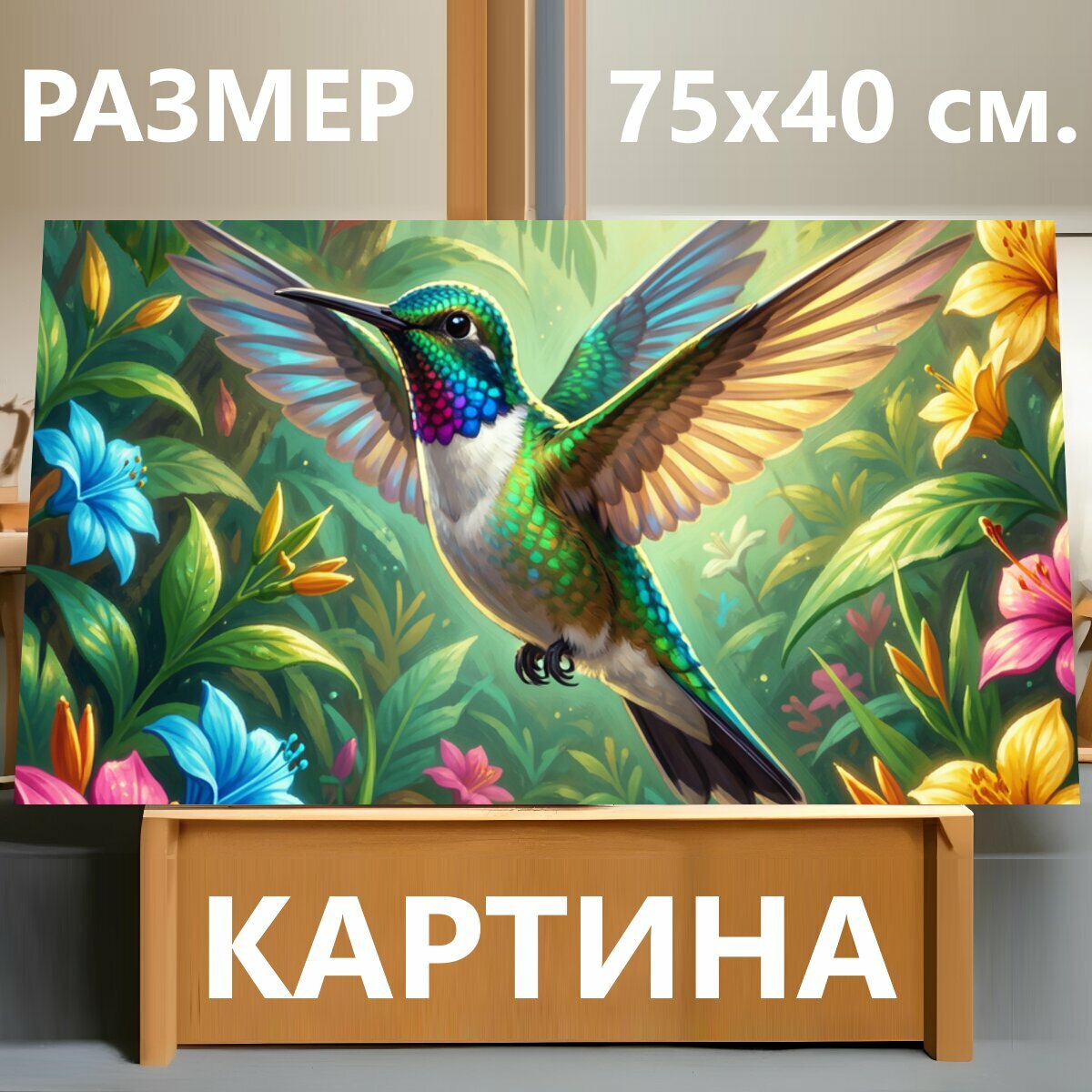 Картина на холсте "Колибри в тропических цветах. Яркая фантазийная сцена джунглей: маленькая переливающаяся птица парит среди пышной." на подрамнике 75х40 см. для интерьера