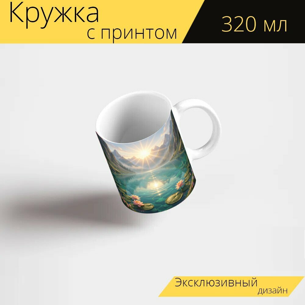 Кружка с рисунком, принтом "Солнечный горный край с озером. Сказочная панорама с сияющим рассветом, высокими скалами, бирюзовой гладью воды, лилиями и луговыми цветами." 320 мл.