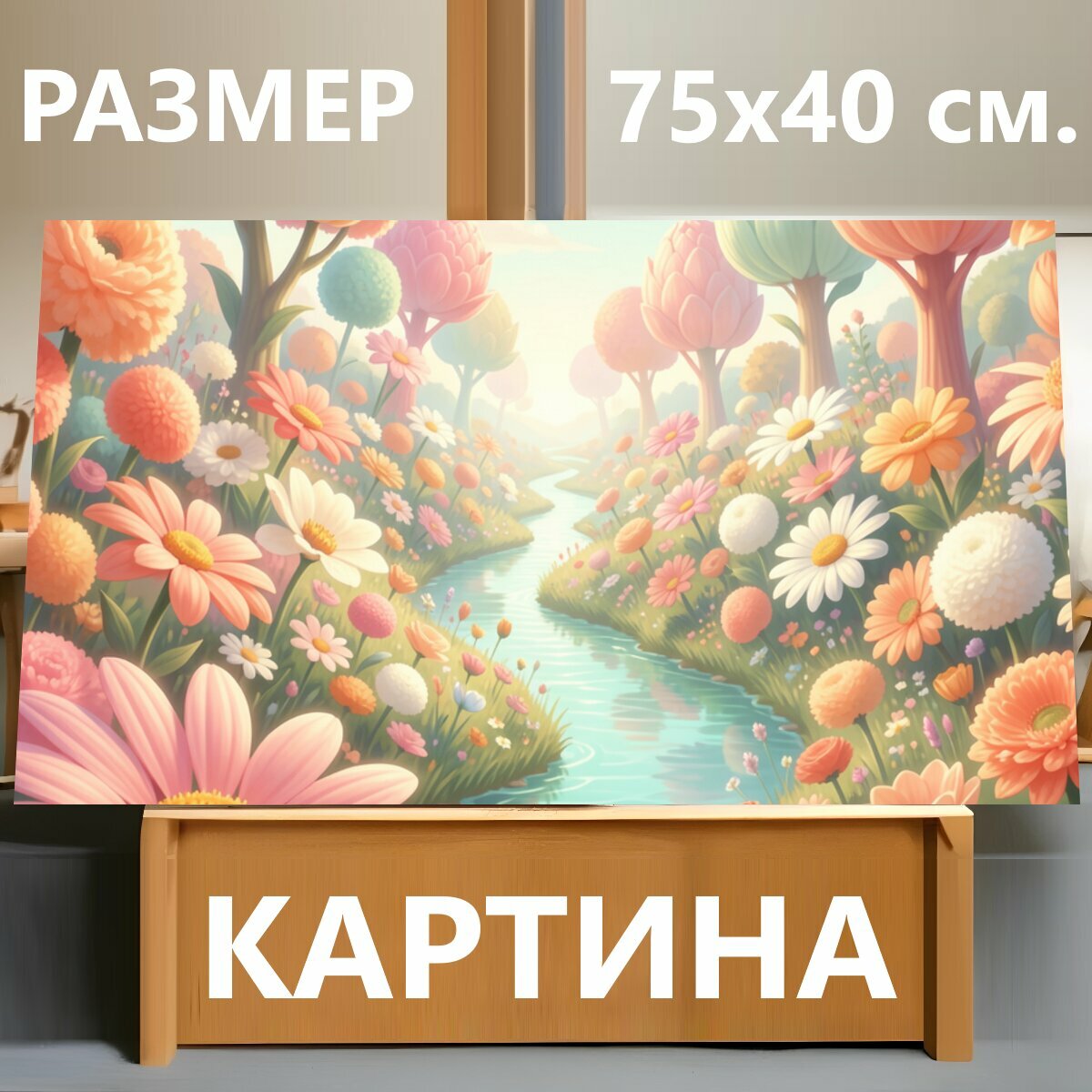 Картина на холсте "Сказочный цветочный сад у ручья. Фантазийный весенний пейзаж с нежными бутонами, ромашками и крупными декоративными цветами." на подрамнике 75х40 см. для интерьера