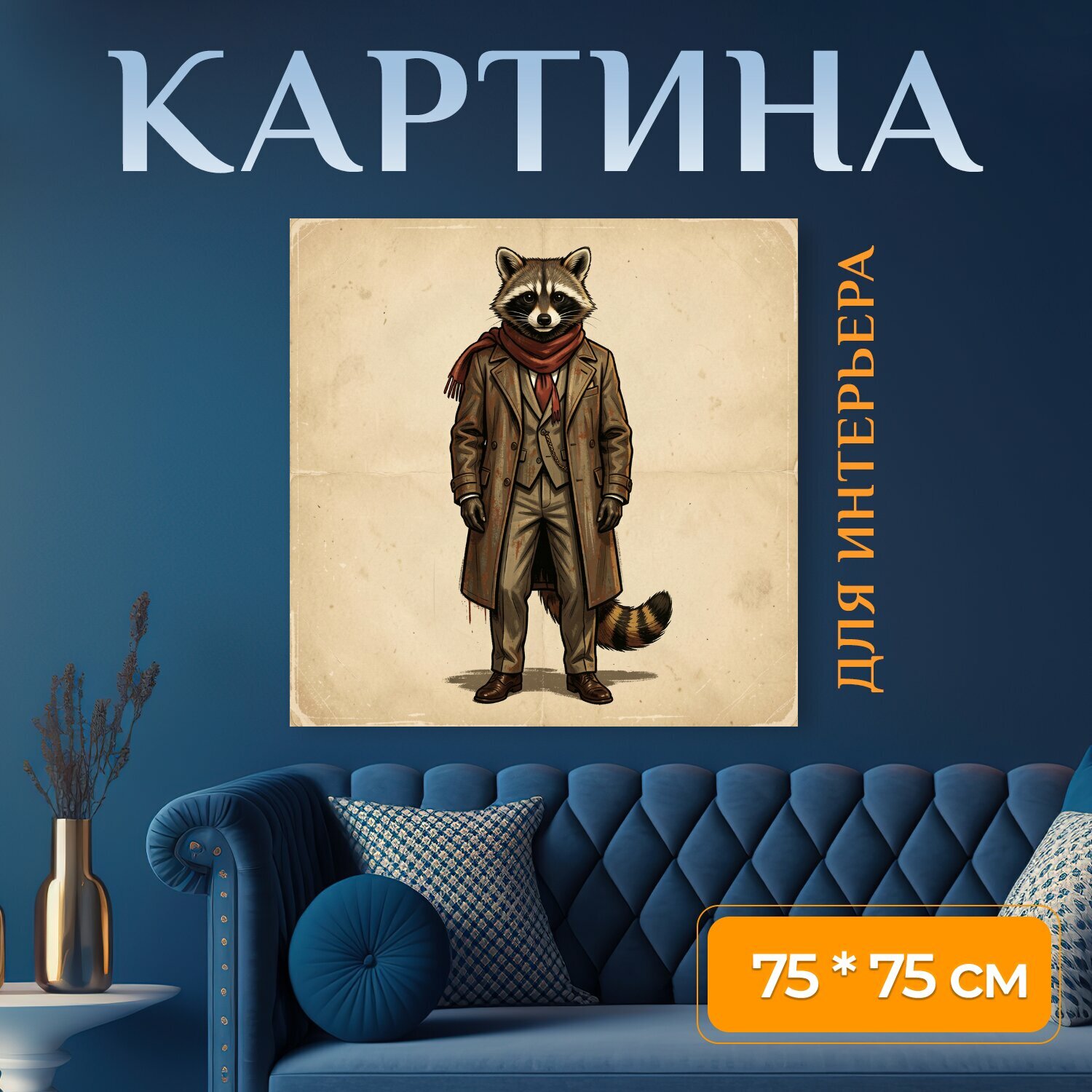 Картина на холсте "Енот в пальто и шарфе. Антропоморфный зверёк в винтажном образе: длинный тренч, костюм и бордовый шарф. Сепия, старинная." на подрамнике 75х75 см. для интерьера