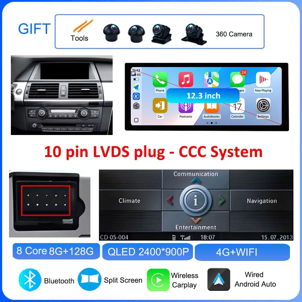 12,3 "для BMW X5 E70 X6 E71 2008 2009 2010-2013 CCC/CIC Android 15 System 4G BT Carplay Автомобильный радиоприемник Видеоплеер GPS Navi WiFi
