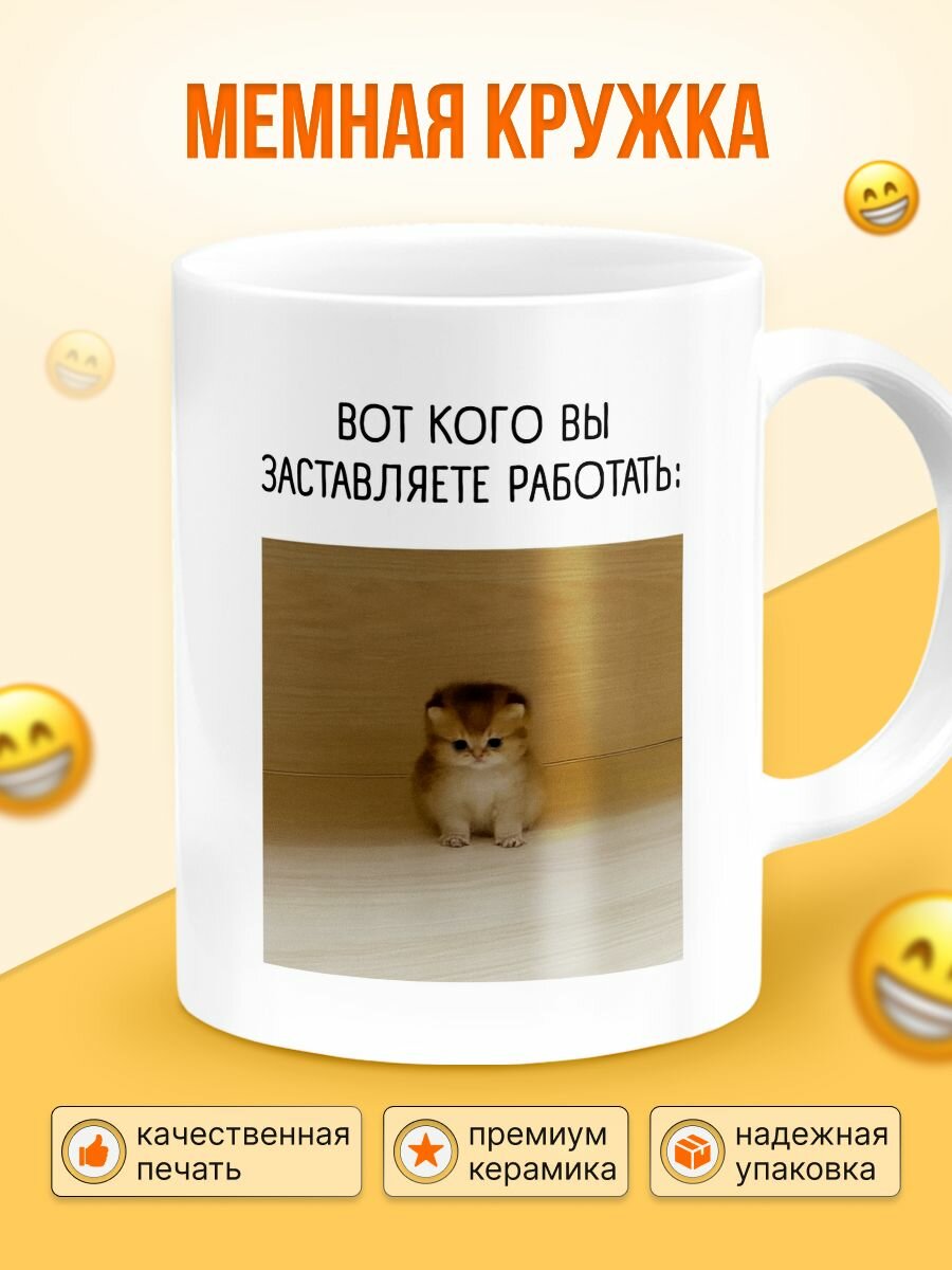 Кружка мем "Вот кого вы заставляете работать" котик, 330 мл, 1 шт.