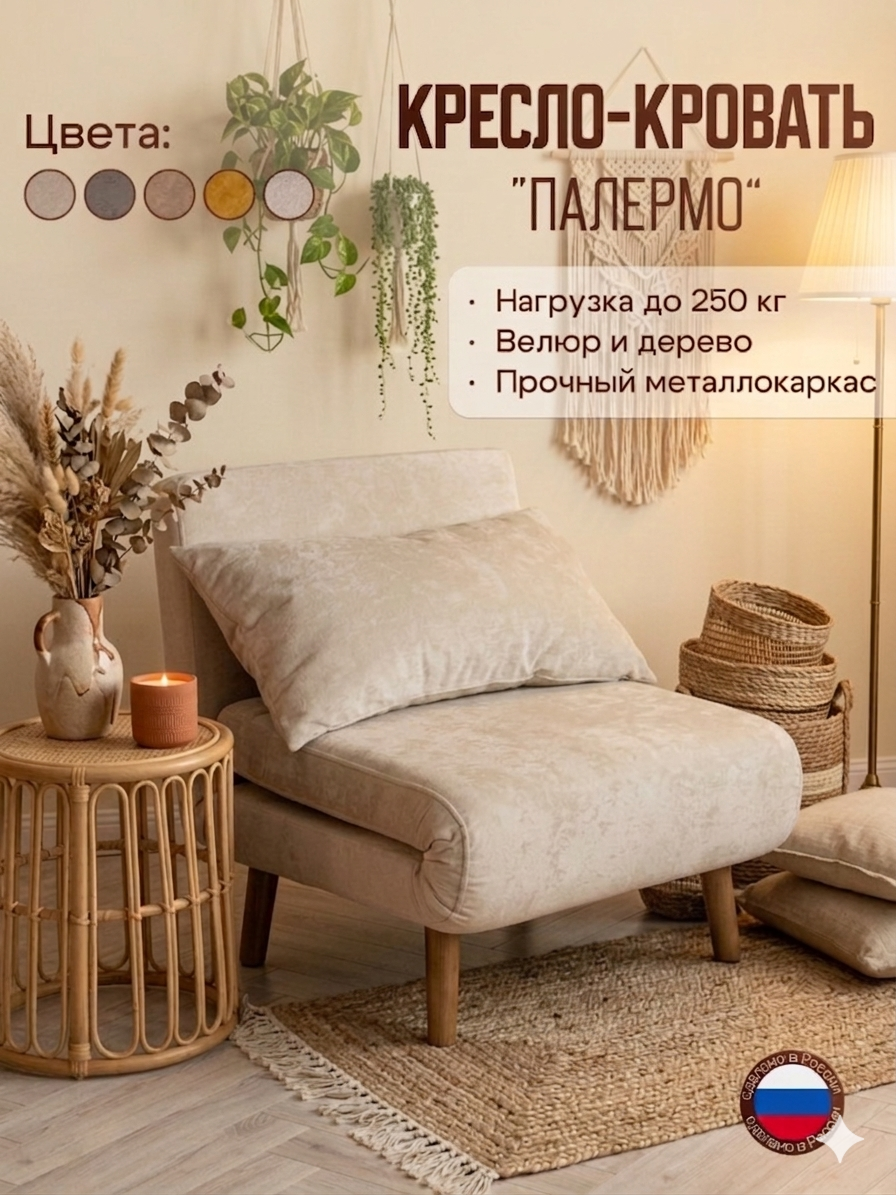 Кресло-кровать ARCA Палермо, бежевое, микровелюр, деревянные ножки, 80x83 см