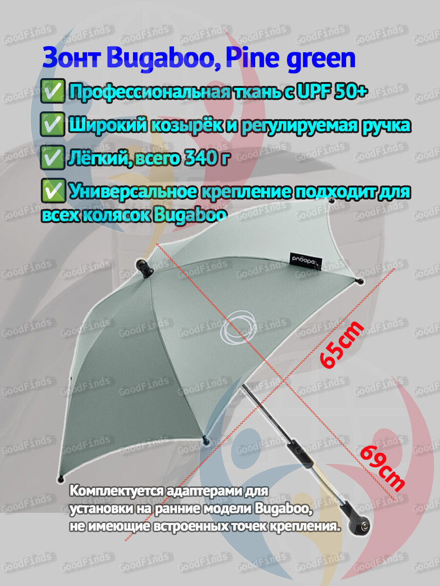 Зонт для коляски Bugaboo, в комплекте с адаптером, черный/Зеленый/белый/синий