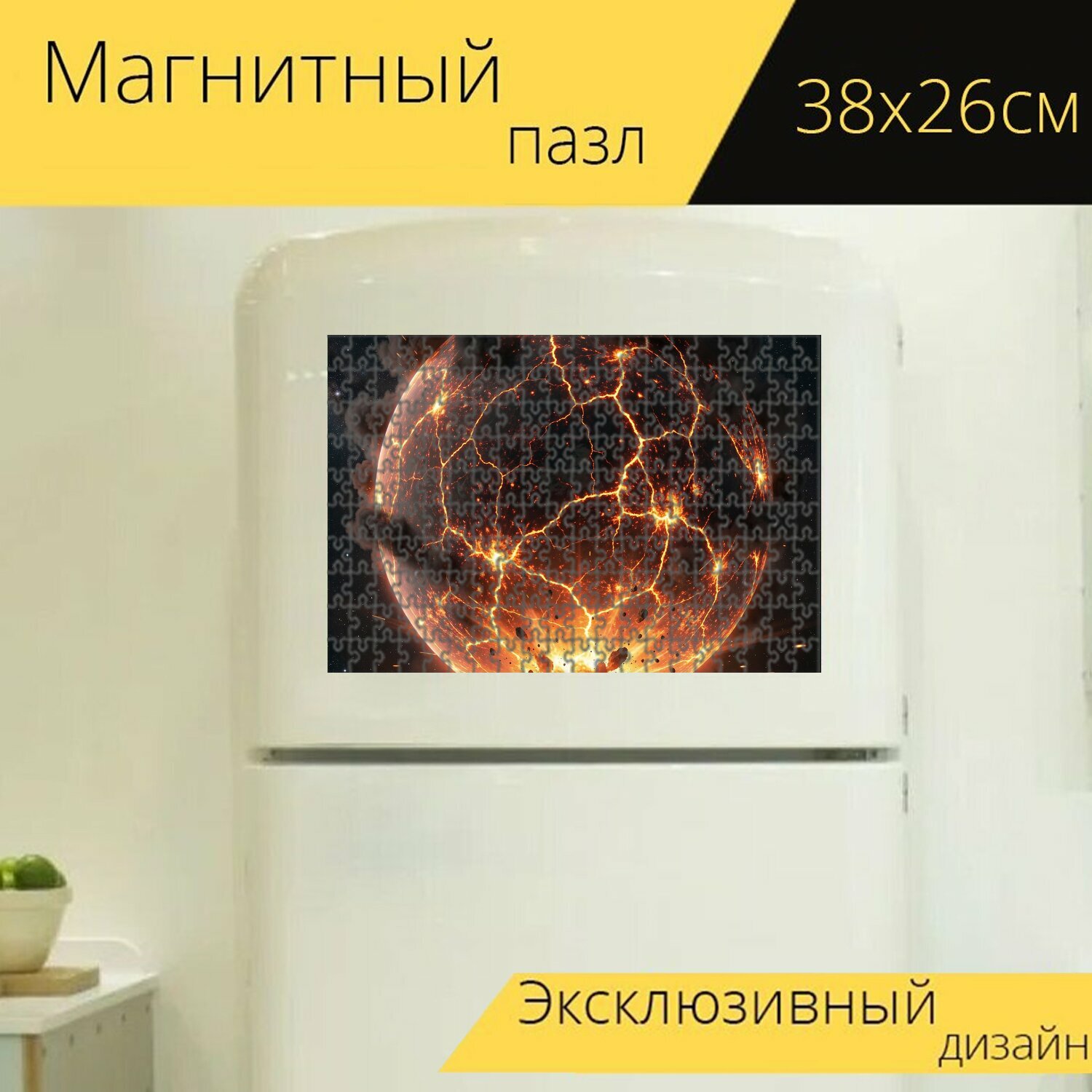Магнитный пазл "Пылающая планета в космосе. Фантастический космический мир с раскалённым небесным шаром, трещинами лавы, огненными вспышками и дымом на фоне." для интерьера, 38х26 см.