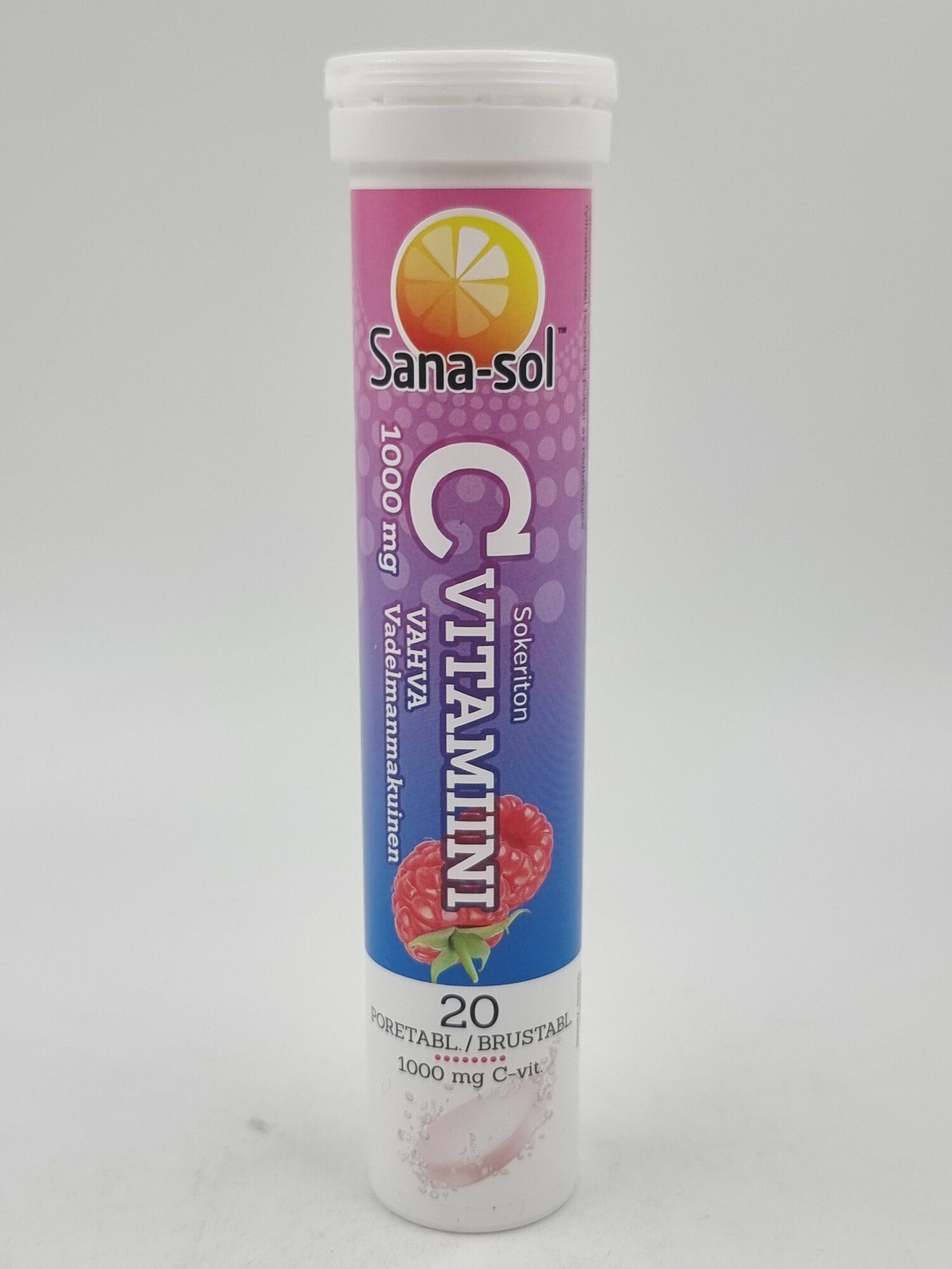 Sana-sol Витамин С 1000 мг, 20 шипучих таблеток со вкусом малины (из Финляндии)