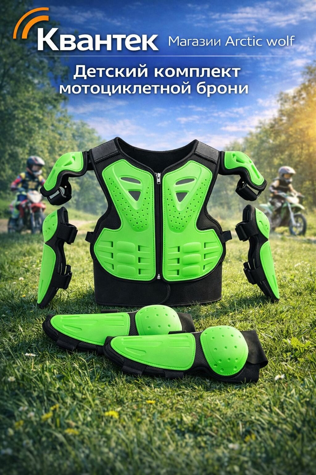 Детский комплект мотозащиты для 6–10 лет: черепаха (спина, грудь, плечи), налокотники и наколенники для квадроцикла и мотоцикла