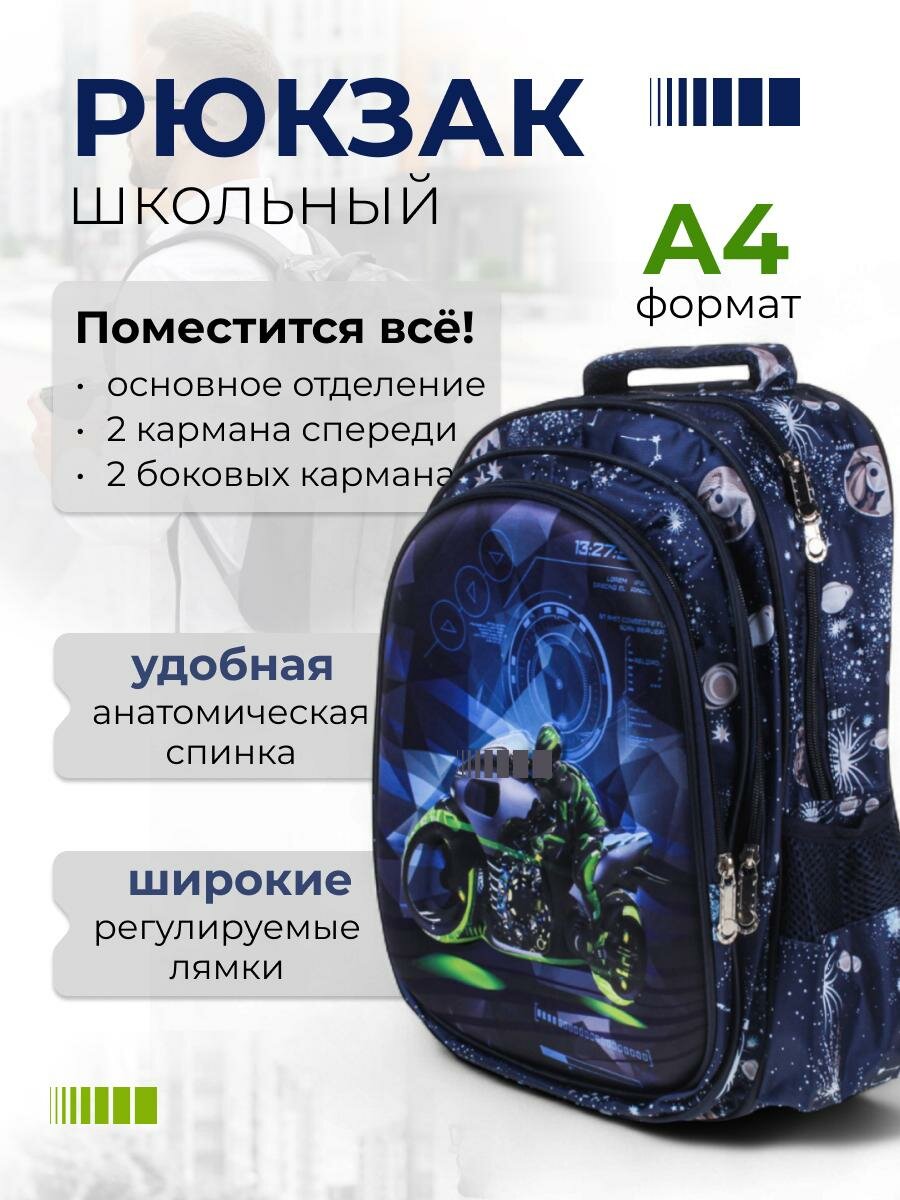 Рюкзак "Мотоцикл" школьный, 40*12*29см, анатомическая спинка, синий