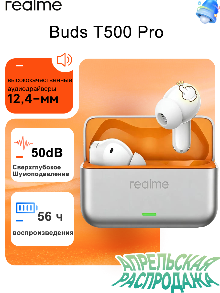 Беспроводные наушники realme Buds T500 Pro, глобальная версия, Серебро