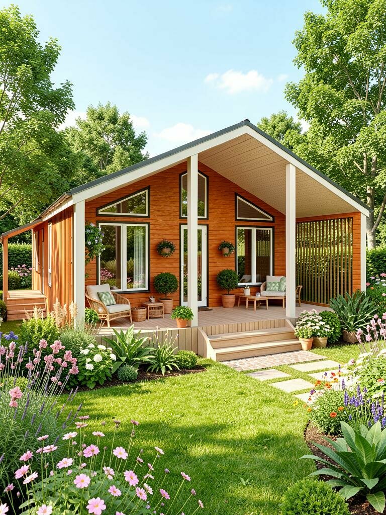 Проект одноэтажного каркасного дома барн-хаус с террасой 16,61х8,11 м