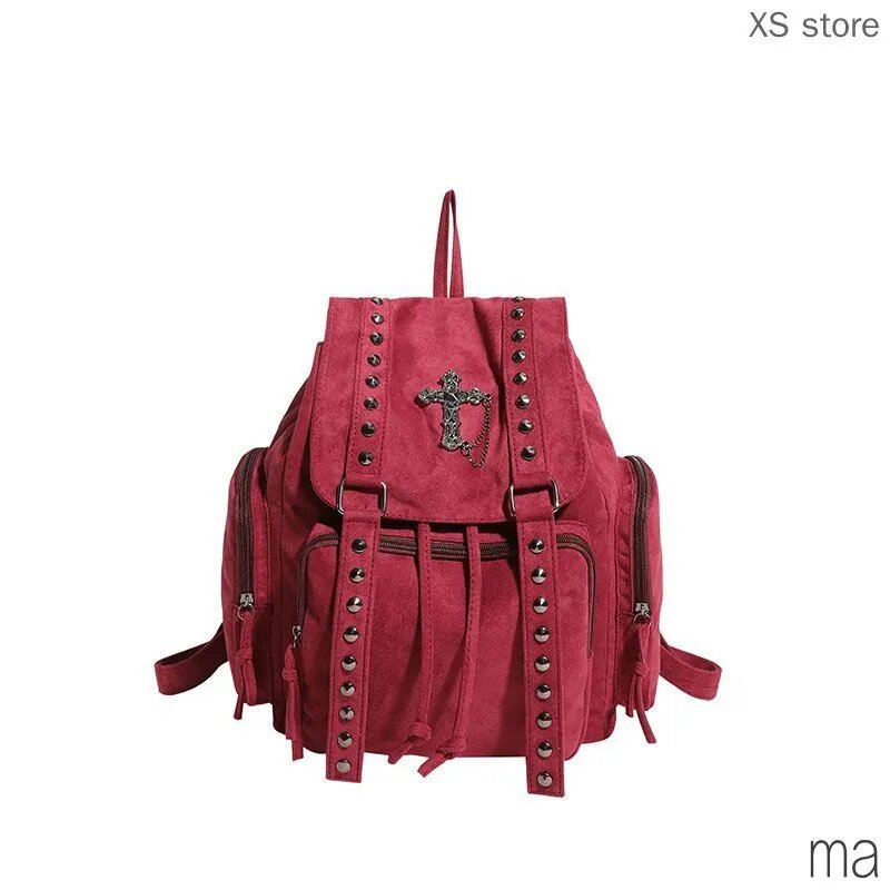 Рюкзак женский повседневный из искусственной замши красный винный 32x24x10 см — фото 1