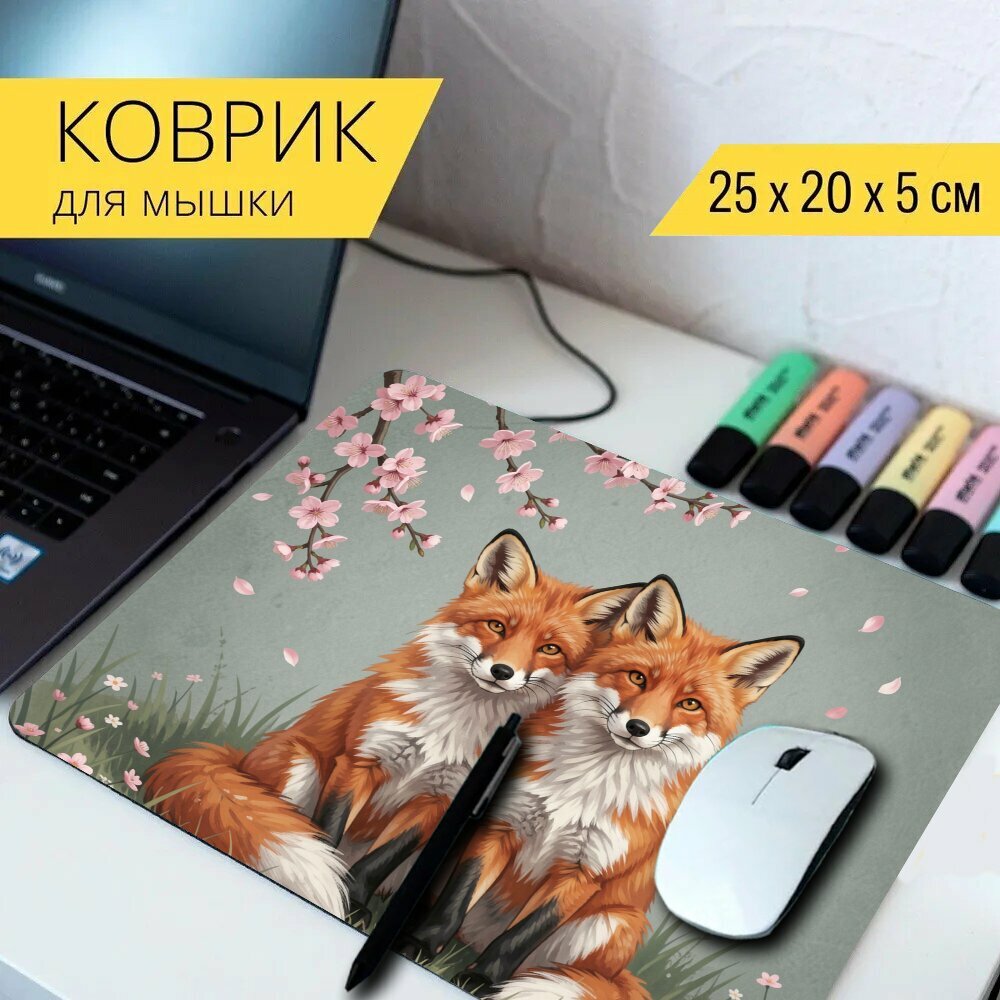 Коврик для мыши с принтом "Две лисы под сакурой. Нежная иллюстрация с парой рыжих лисиц среди цветущих вишневых ветвей и лепестков. Пастельные тона, весенний лесной мотив." 25x20см.