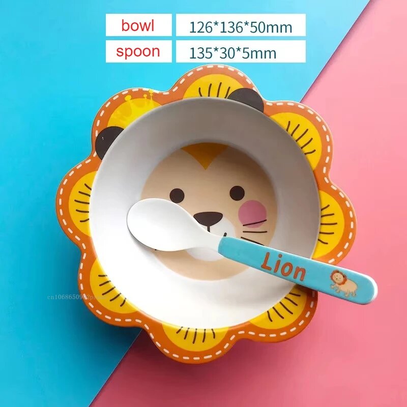 MOONBIFFY Детские тарелки из бамбука с мультяшками 3-6 лет Lion bowl spoon