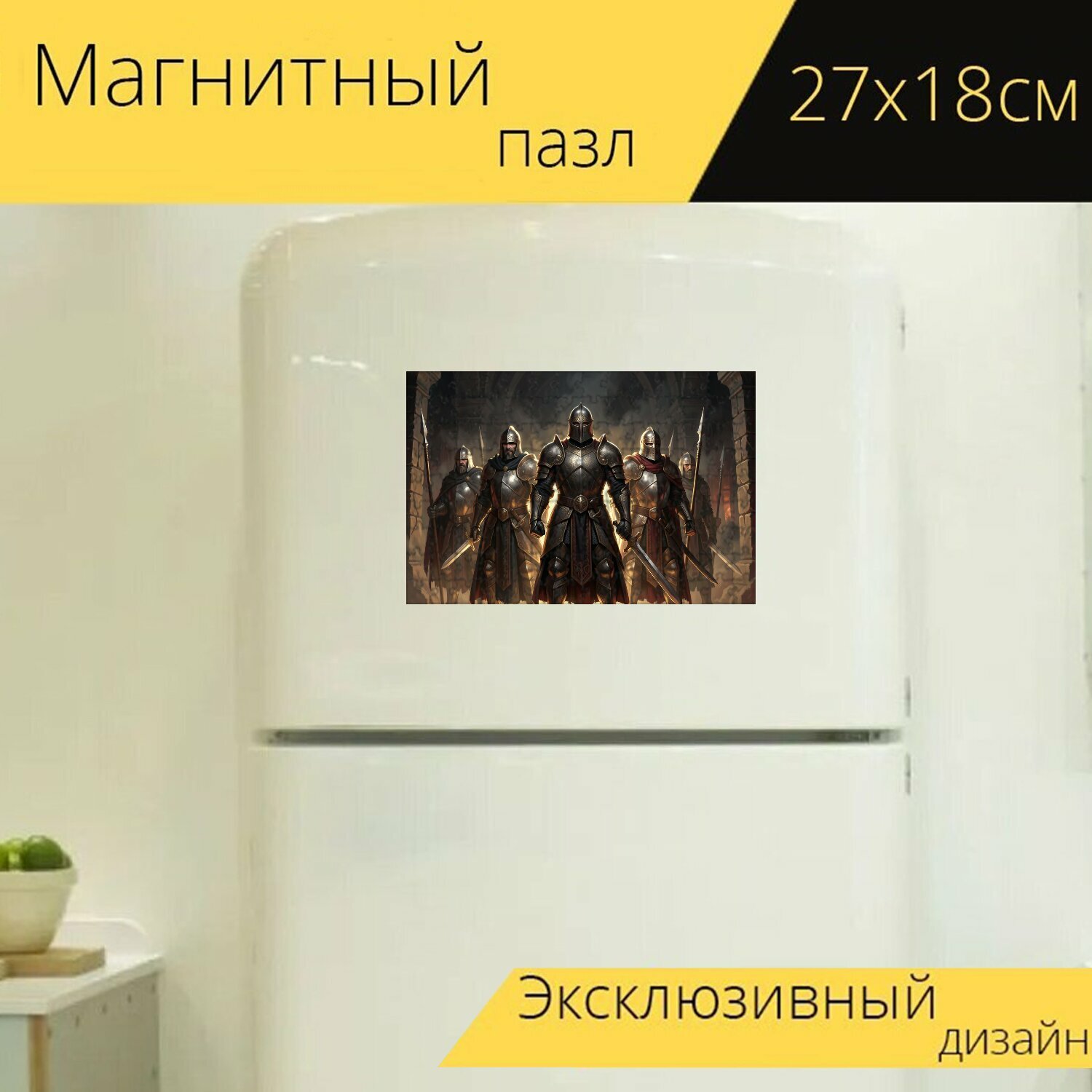 Магнитный пазл "Отряд средневековых рыцарей в замке. Воители в латах и шлемах с мечами и копьями стоят в каменном сводчатом зале. Темное фэнтези." на холодильник 27 x 18 см.