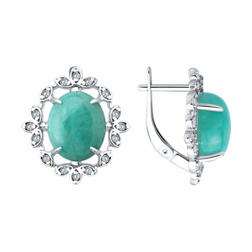 Серьги, серебро, 925 проба, родирование, фианит, амазонит