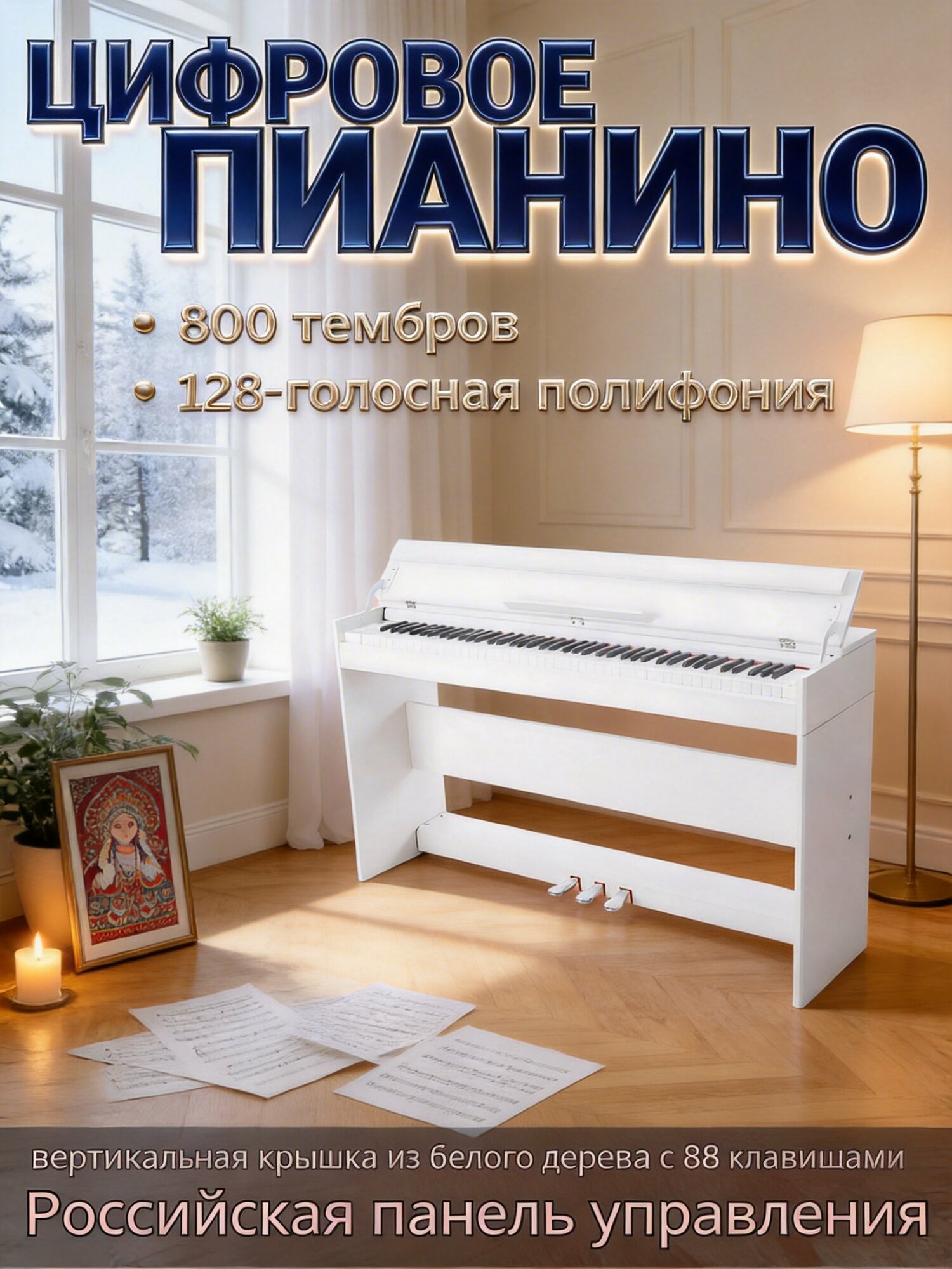 Цифровое пианино 88 клавиш с чувствительностью к силе нажатия, 3 педали, USB MIDI и стереозвук с наушниками для обучения и домашнего музицирования
