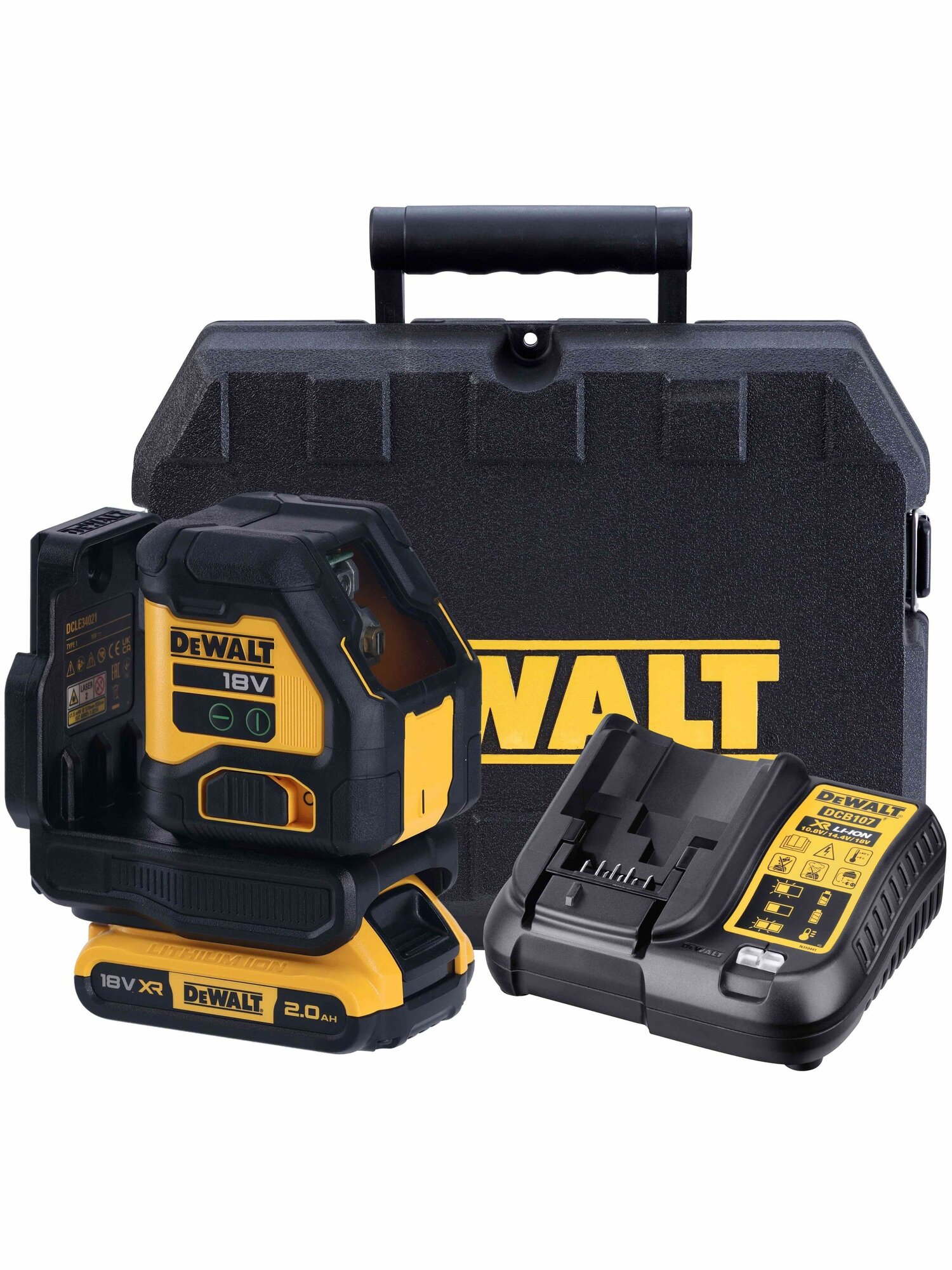 Аккумуляторный лазерный нивелир DEWALT DCLE34021D1, 18 В, зеленый луч, 55 м, с АКБ 2 Ач и ЗУ, в кейсе