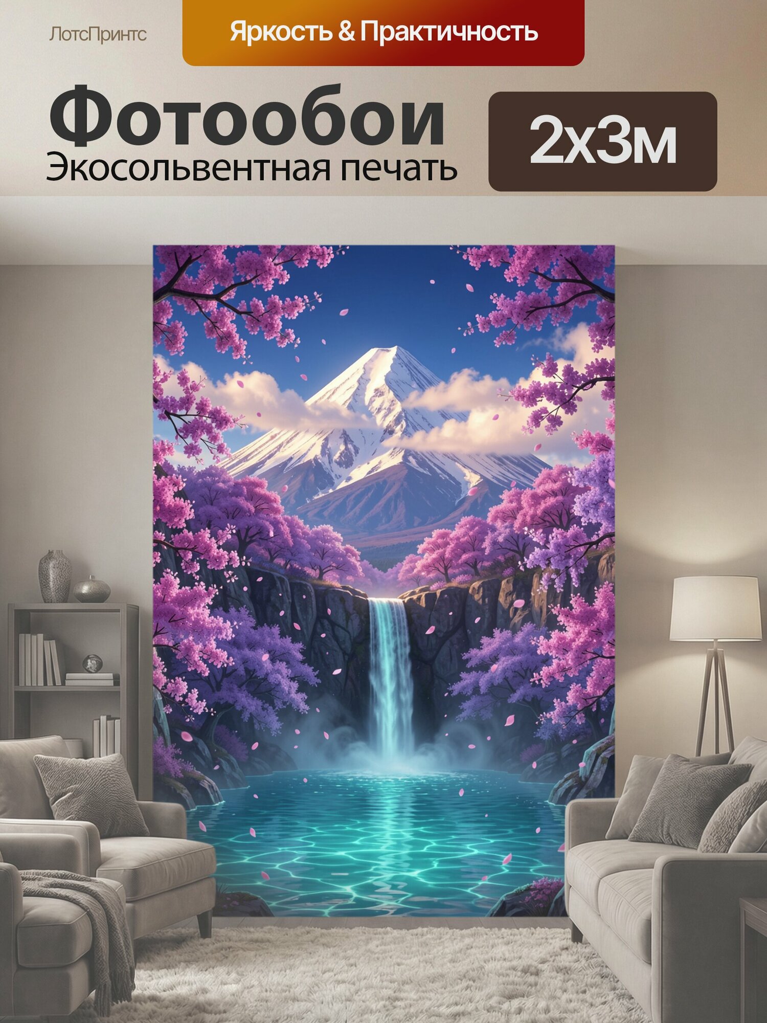 Фотообои "Снежная гора и цветущий сад. Фантазийный горный вид с ледяной вершиной, водопадом и бирюзовой лагуной, окружённой розово-фиолетовыми." 200x300 см. экосольвентная печать