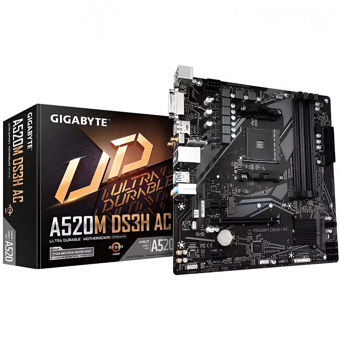 Материнская плата GIGABYTE A520M DS3H AC (AM4/AMD A520/4xDDR4/PCI-Ex16/M.2/SB/Wi-Fi/BT/GLAN/DisplayPort/HDMI/DVI-D/mATX)