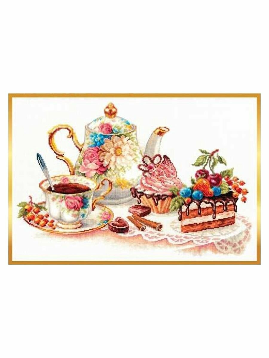 Набор для вышивки крестиком "Чай и пирожные" Amishop, 35x24 см, канва 16 CT Aida, 220 x 152 ст, 52 цветов