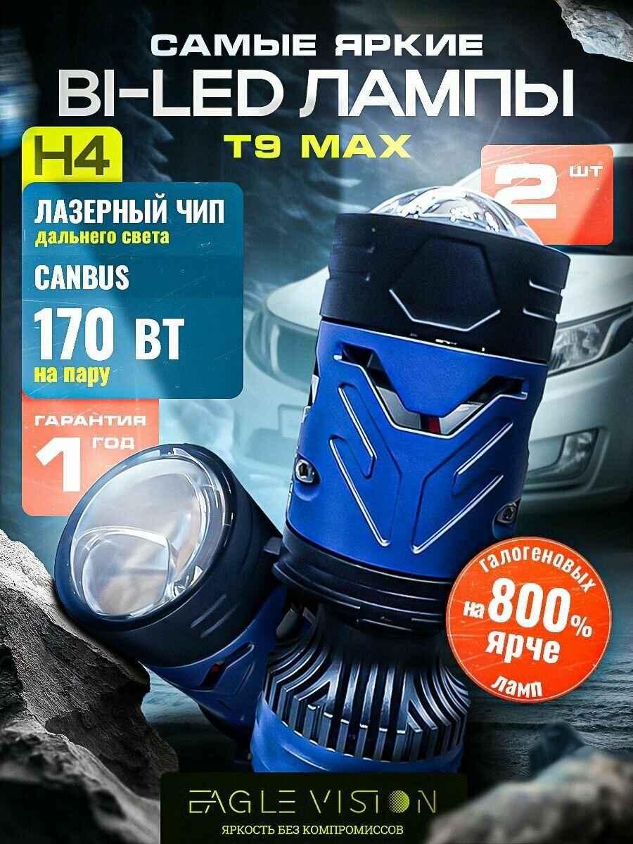 LED лампы H4 T9 MAX Bi-LED с линзой 18000 Lm, 170 Вт, для ближнего и дальнего света, CANBUS, версия 2025, ПТФ.