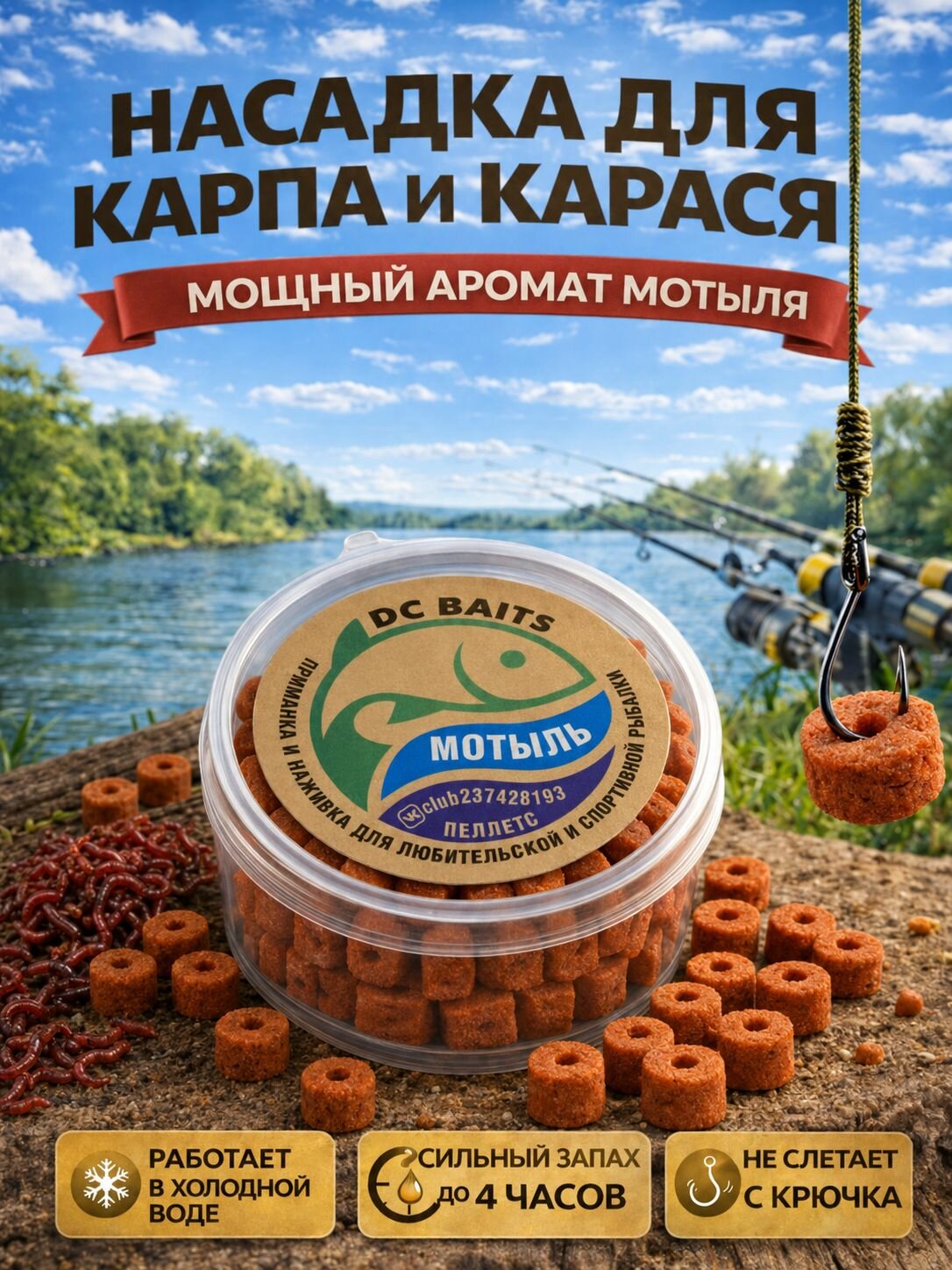 Пеллетс рыболовный крупный "Мотыль" для карпа и карася с отверстием, насадка на крючок, ароматизированный пеллетс