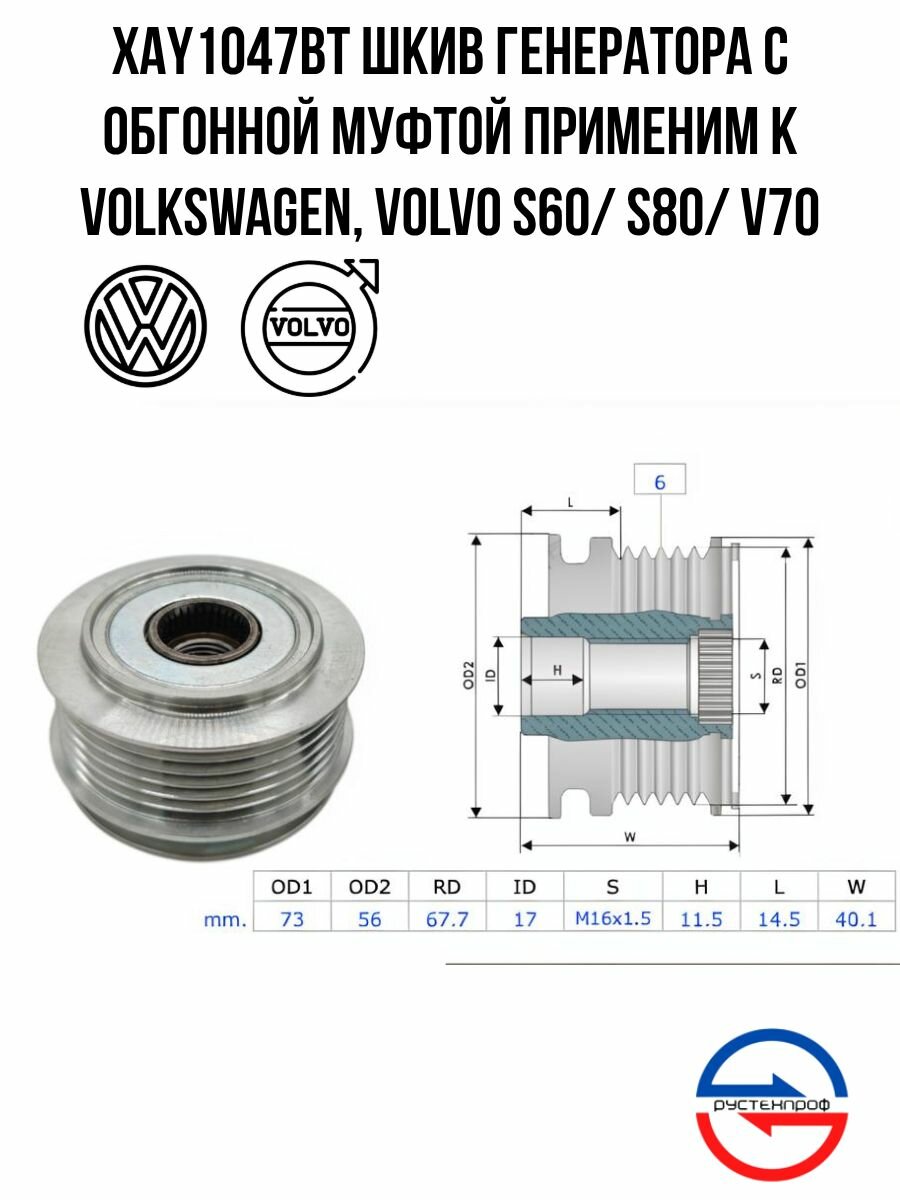 XAY1047ВТ Шкив генератора с обгонной муфтой применим к VOLKSWAGEN, VOLVO S60/ S80/ V70