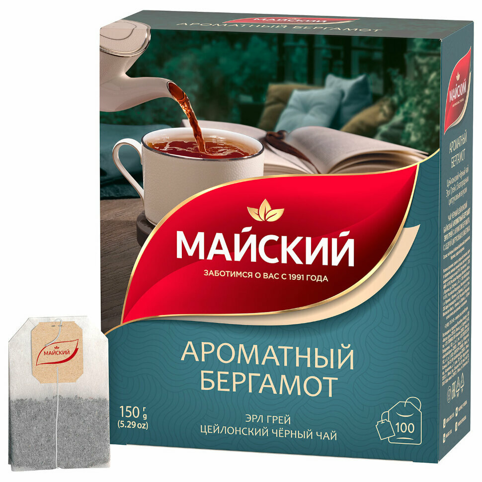 Чай майский "Ароматный бергамот" черный цейлонский байховый, 100 пакетиков по 1,5 г, 102627, 624179