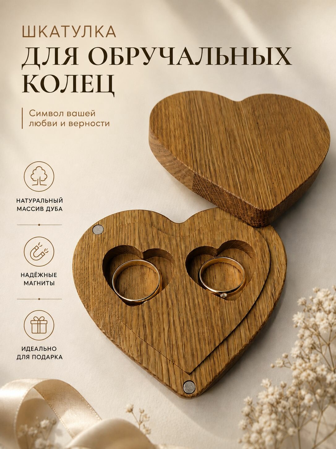 Шкатулка для обручальных колец из массива дуба, сердце
