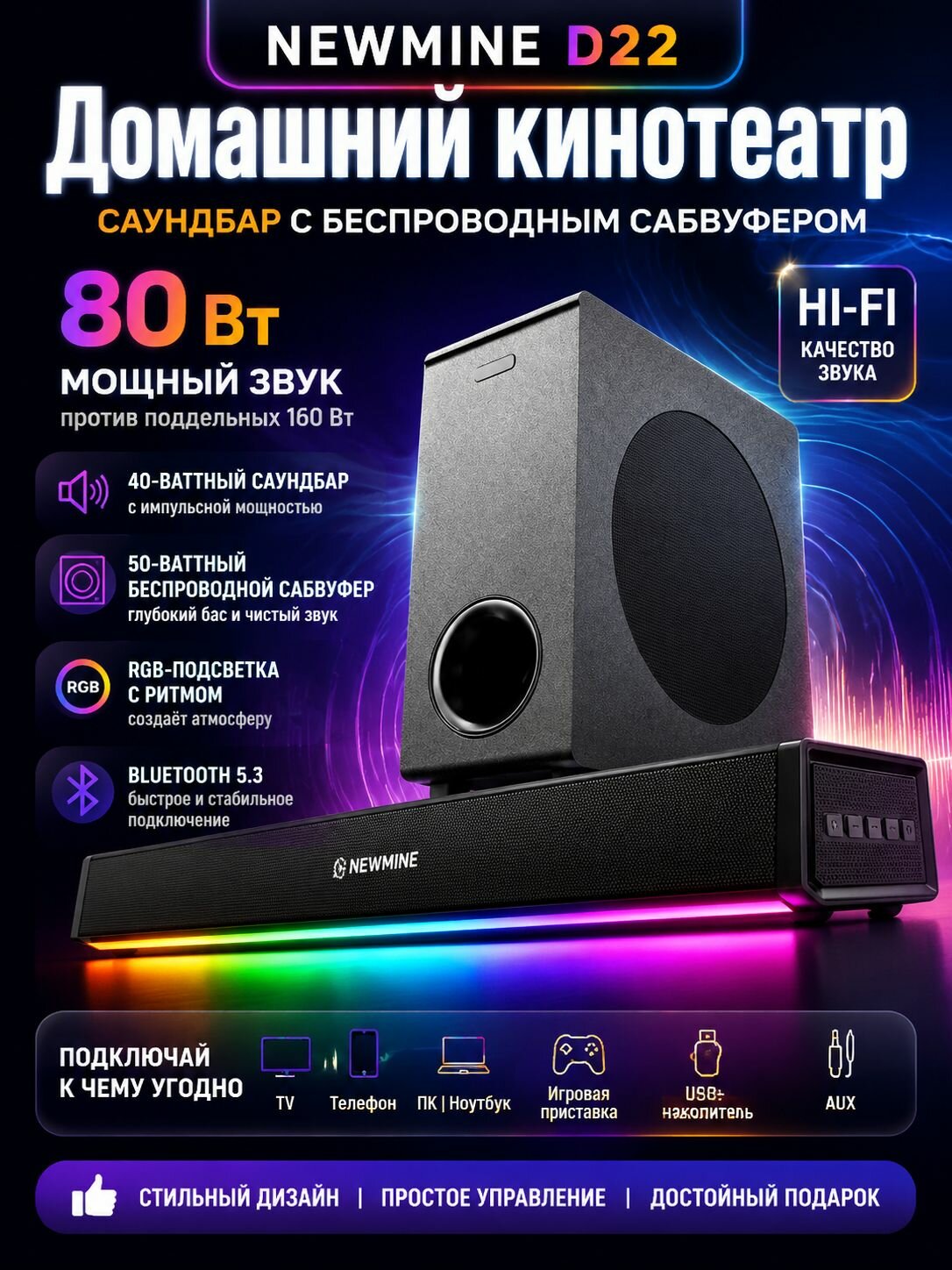 Динамик для домашнего кинотеатра Newmine D22 с Bluetooth, RGB rhythm, 80 Вт