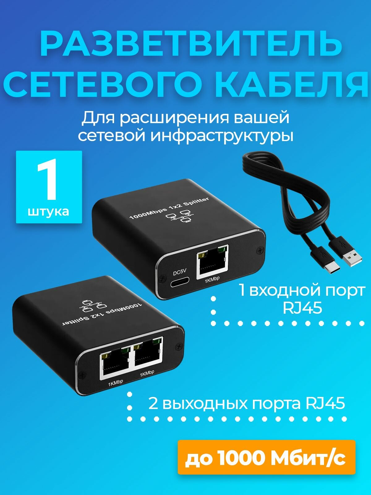 Активный разветвитель сетевого кабеля RJ45 - 2х RJ45 GSMIN RA-06 сплиттер интернет для LAN кабеля, Type-C 1000 Мбит/с (Черный)