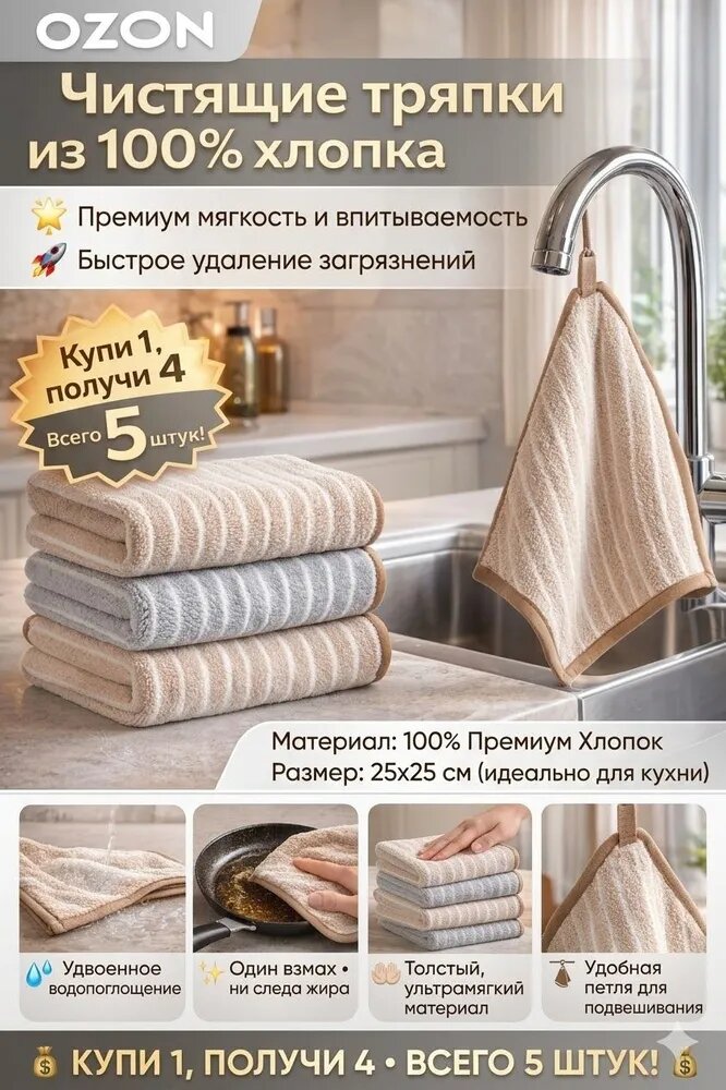 Салфетки для уборки, Коричневый, 25 см, 5 шт.