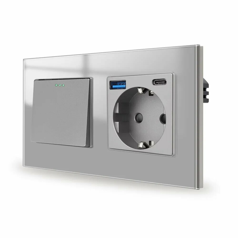 Выключатель Одноклавишный с розеткой ,1 клавиша, 1 розетка с USB и type-C, рамка закаленное стекло Серая