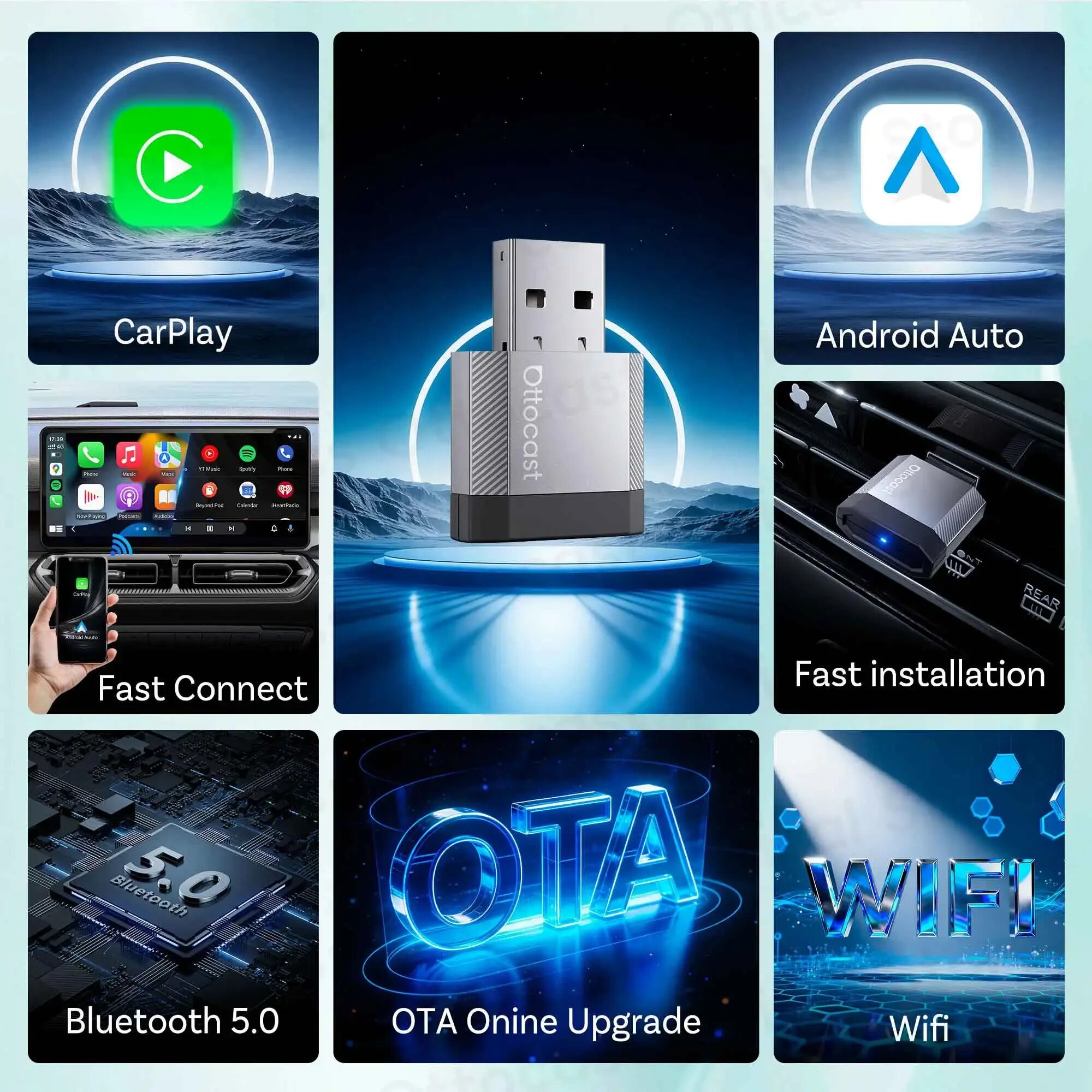 Ottocast Mini Nova Wireless CarPlay Android Auto адаптер — фото 1