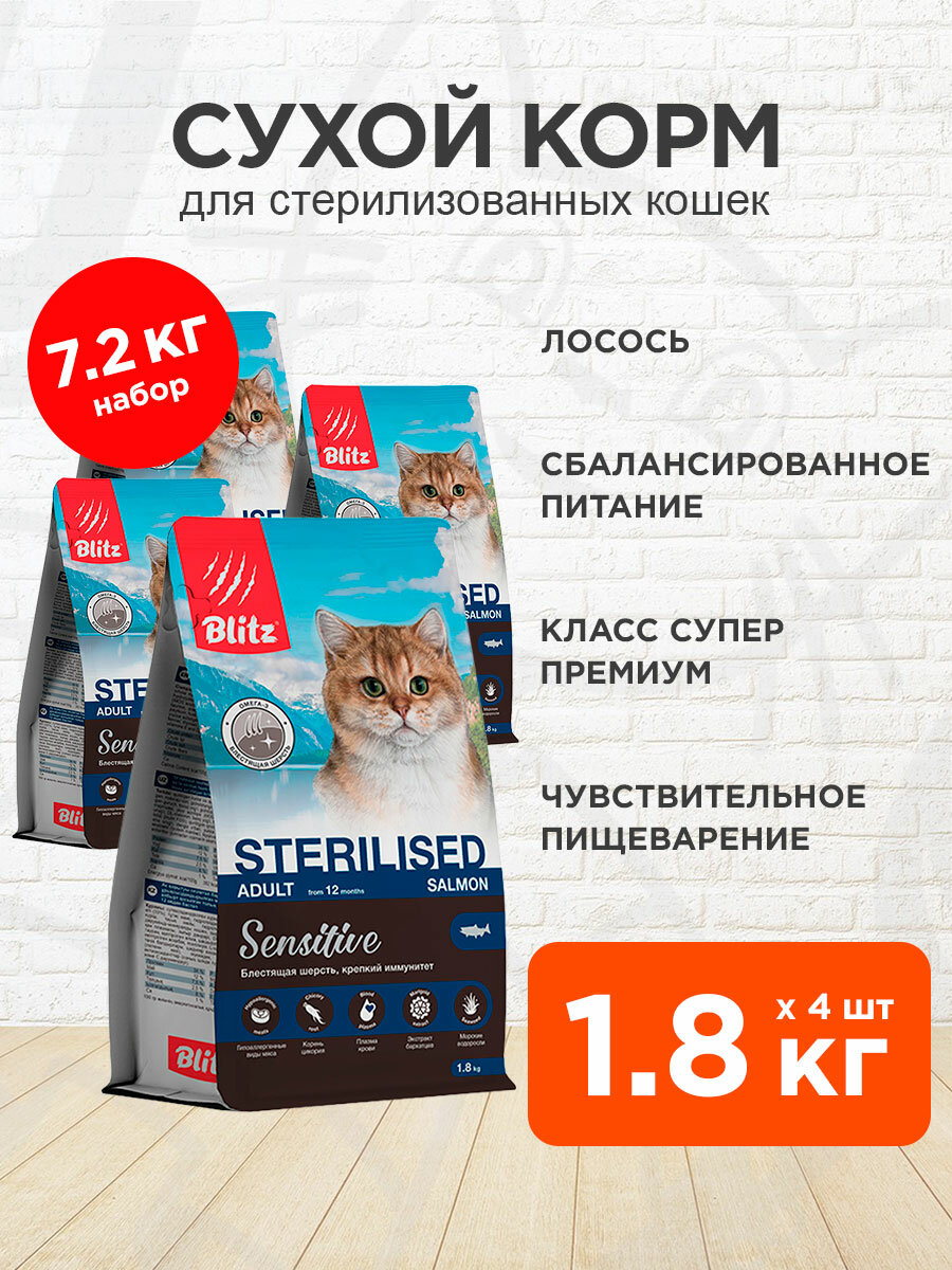 Корм сухой Blitz Sensitive Adult Cat Sterilized Salmon для взрослых кастрированных котов и стерилизованных кошек с избыточным весом всех пород с чувствительным пищеварением лосось, 1,8 кг х 4 шт