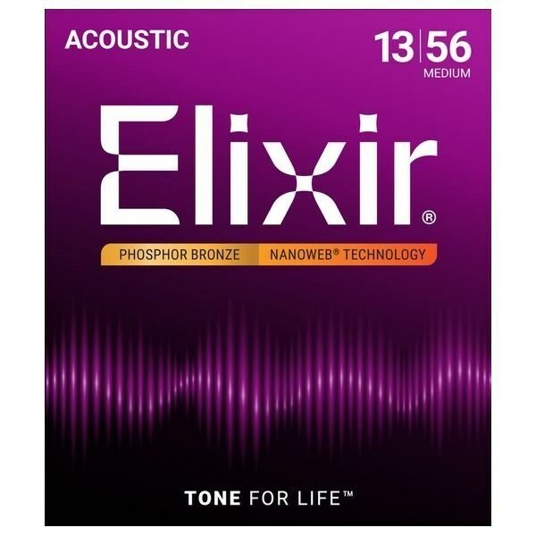 Elixir 16077 NANOWEB Комплект струн для акустической гитары, Light-Medium, фосфорная бронза, 12-56