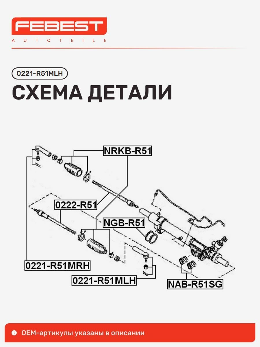 Наконечник рулевой левый Nissan Ниссан Navara, Navara SPA, Navara SPN, Xterra, Pathfinder, Pathfinder SPN, Frontier 0221-R51MLH, Febest 0221R51MLH — фото 1
