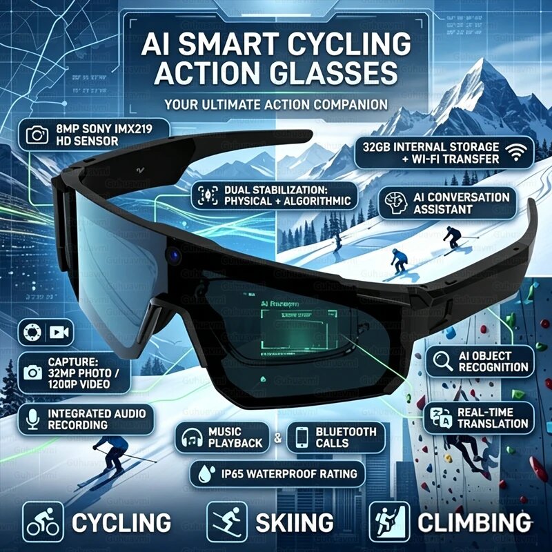 GUHUAVMI Умные велоочки V06 AI камера 1200P 4K Black Sunglasses